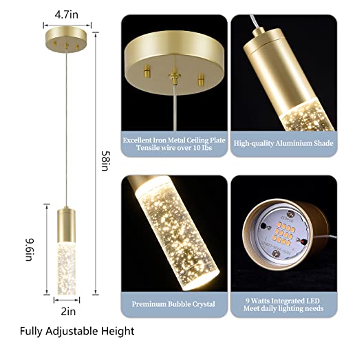 Pendant Lights Kitchen Island, Ceiling Hanging LED Vanity Light Fixtures with 3000K, Modern Crystal Cylindrical Shape Pendant Modern Kitchen Island Lighting for Dining Room, Bar- 2 Pack (Gold)