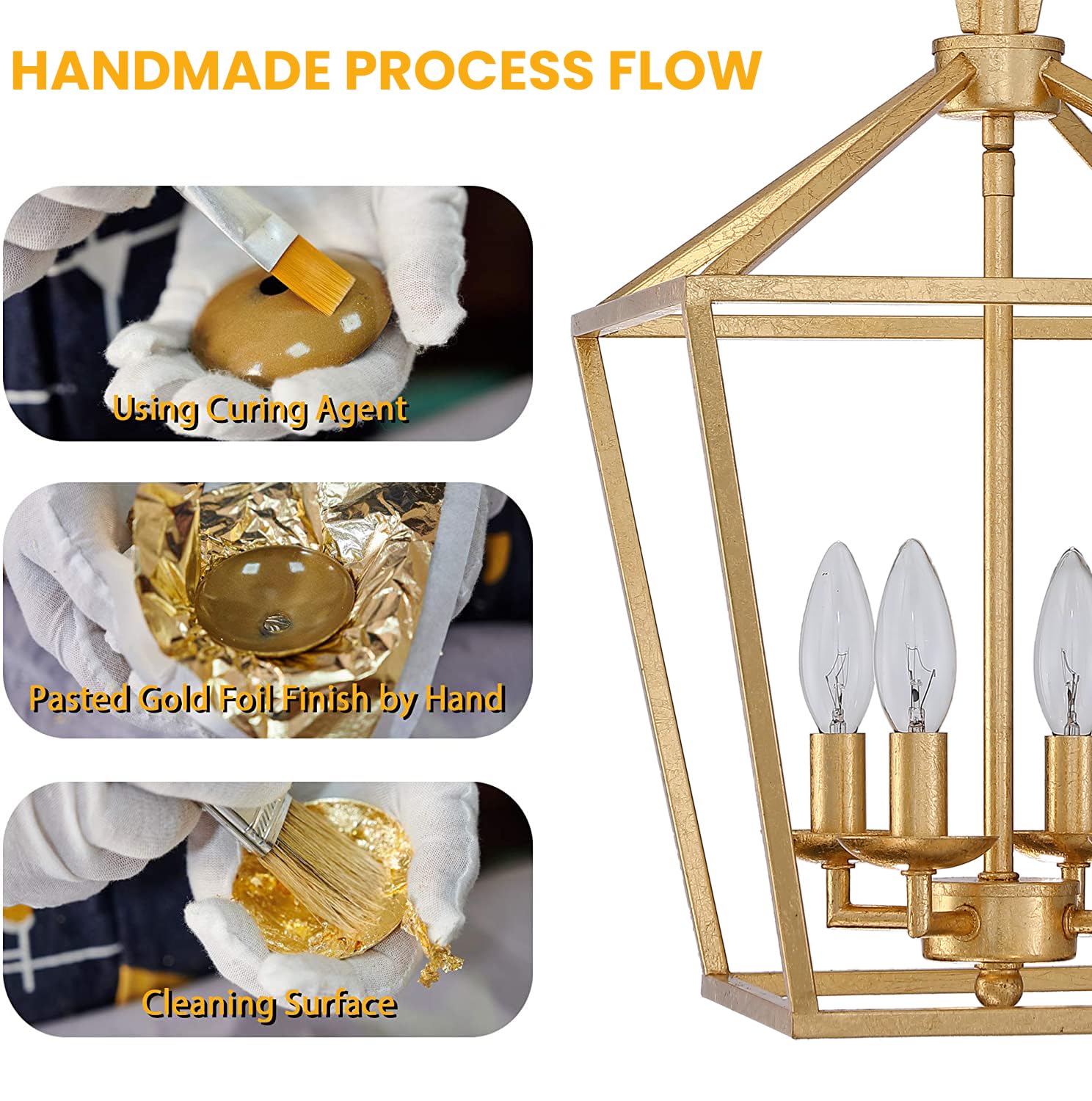Untrammelife 4-Light Aged Gold Lantern Pendant Light, Adjustable Height Metal Geometric Light Fixture 12ββ Classic Cage Lantern Chandelier for Kitchen Island Hallway, Hand-Pasted Gold Foil Finish