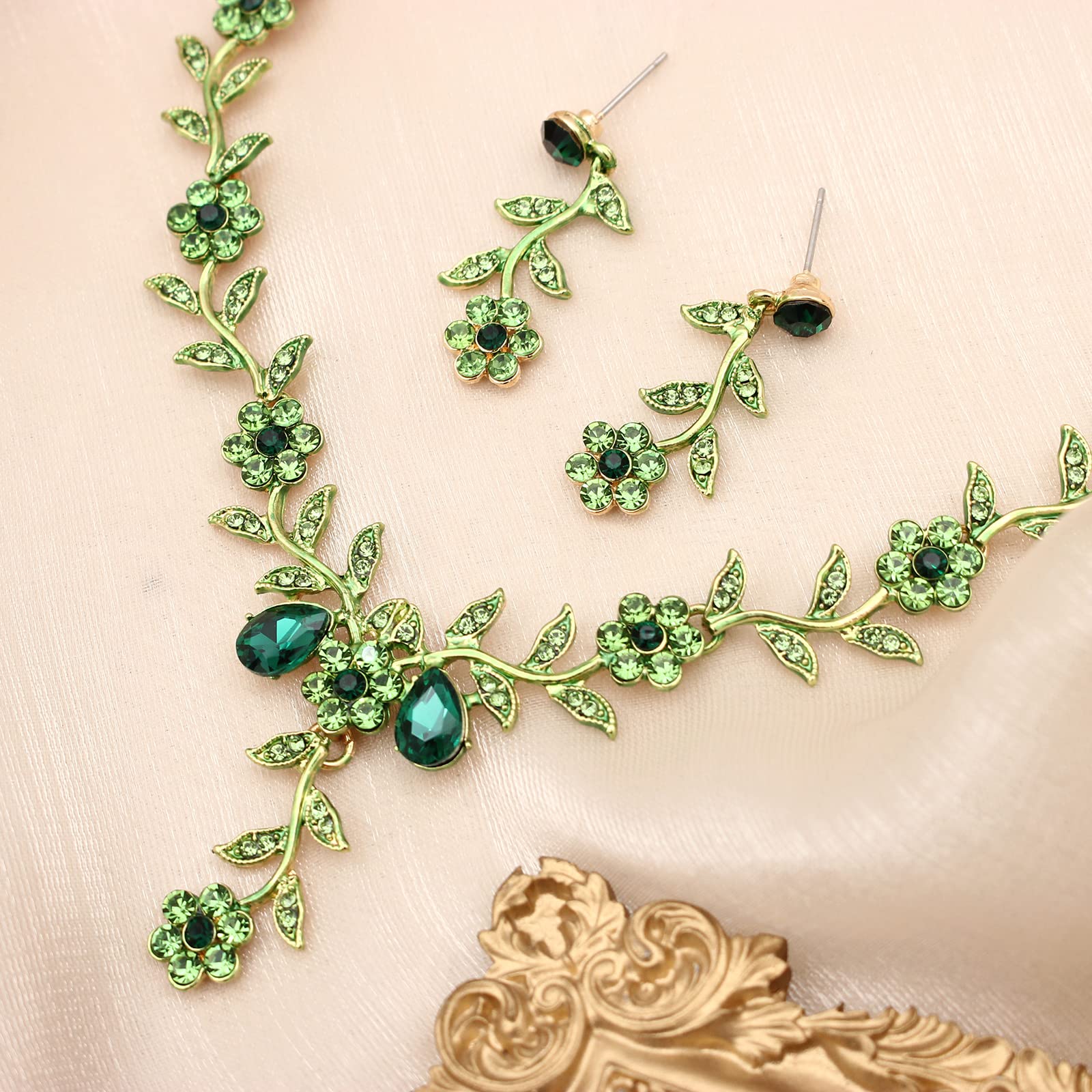 Enrwin Flower Leaf Crystal Pendant Necklace Dangle Earrings Link Bracelet Bride Bridesmaid Jewelry Sets for Women Wedding Party (Emerald-Gold Plated)