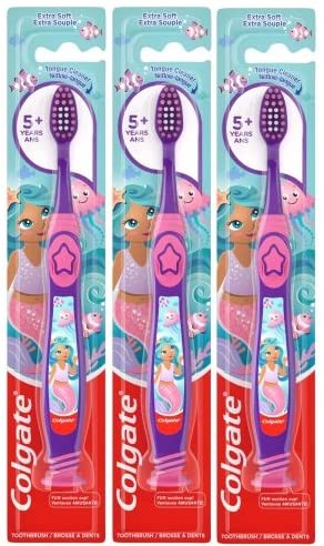 Colgate Mermaid Toothbrush with Suction Cup for Children 5+ Years Old, Extra Soft (Colors Vary) - Pack of 3