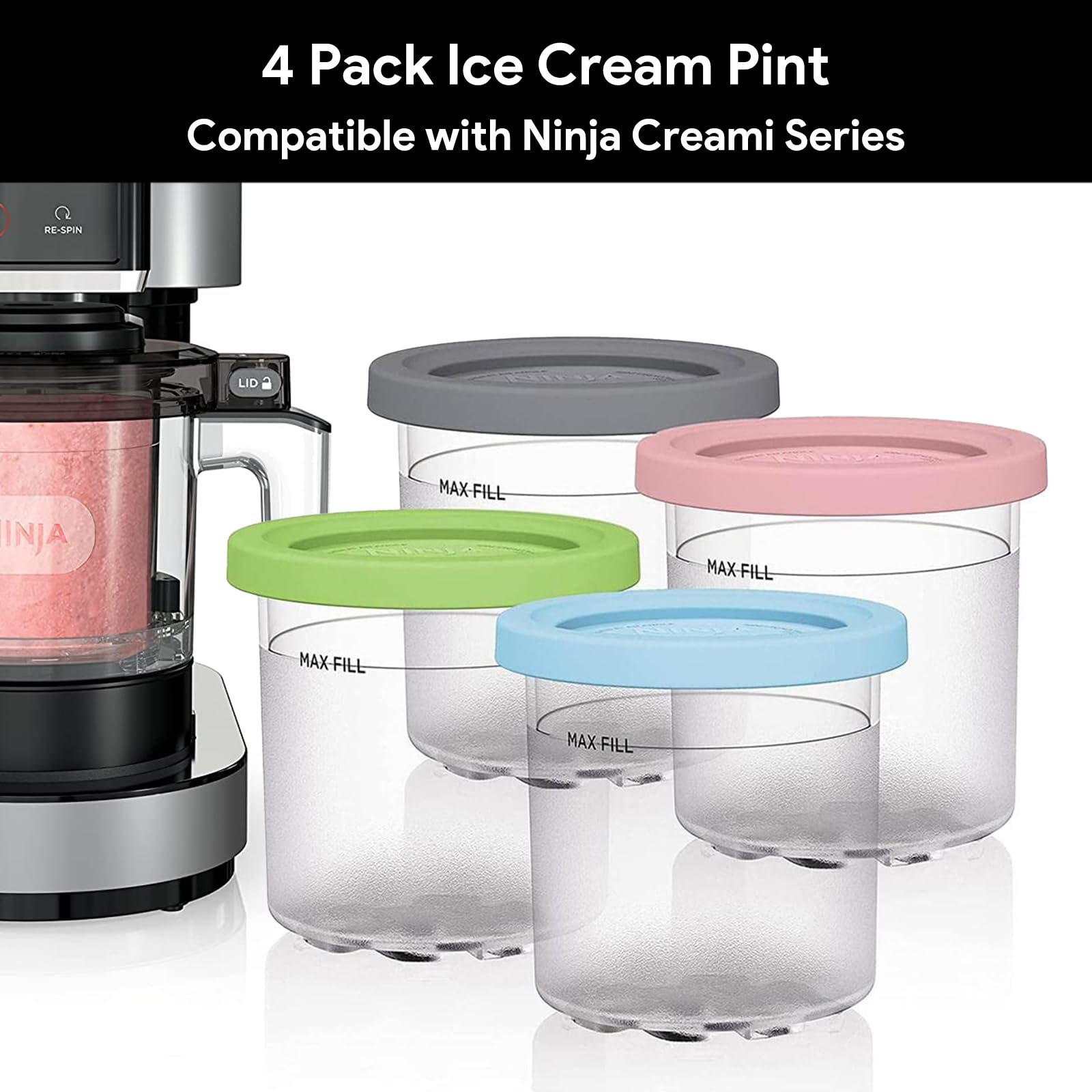 ChooKaChoo Upgraded Containers Replacement for Ninja Creami Pints and Lids, Compatible with NC301 NC300 Series Ice Cream Maker, Leak-proof Lids, BPA Free, Dishwasher Safe, Grey/Lime/Pink/Aqua (NC301)