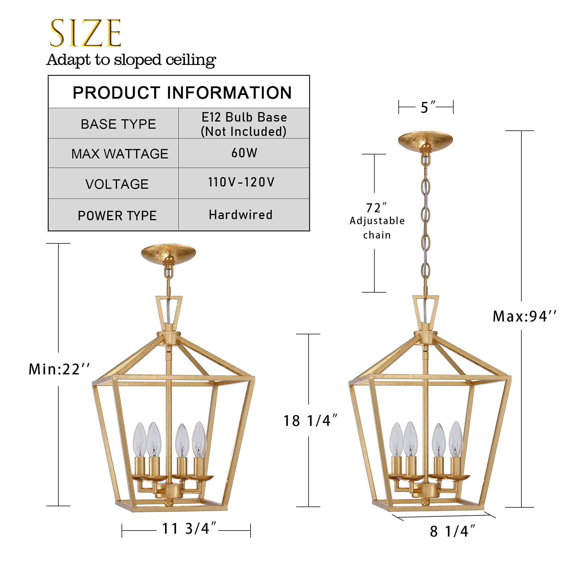 Untrammelife 4-Light Aged Gold Lantern Pendant Light, Adjustable Height Metal Geometric Light Fixture 12ββ Classic Cage Lantern Chandelier for Kitchen Island Hallway, Hand-Pasted Gold Foil Finish