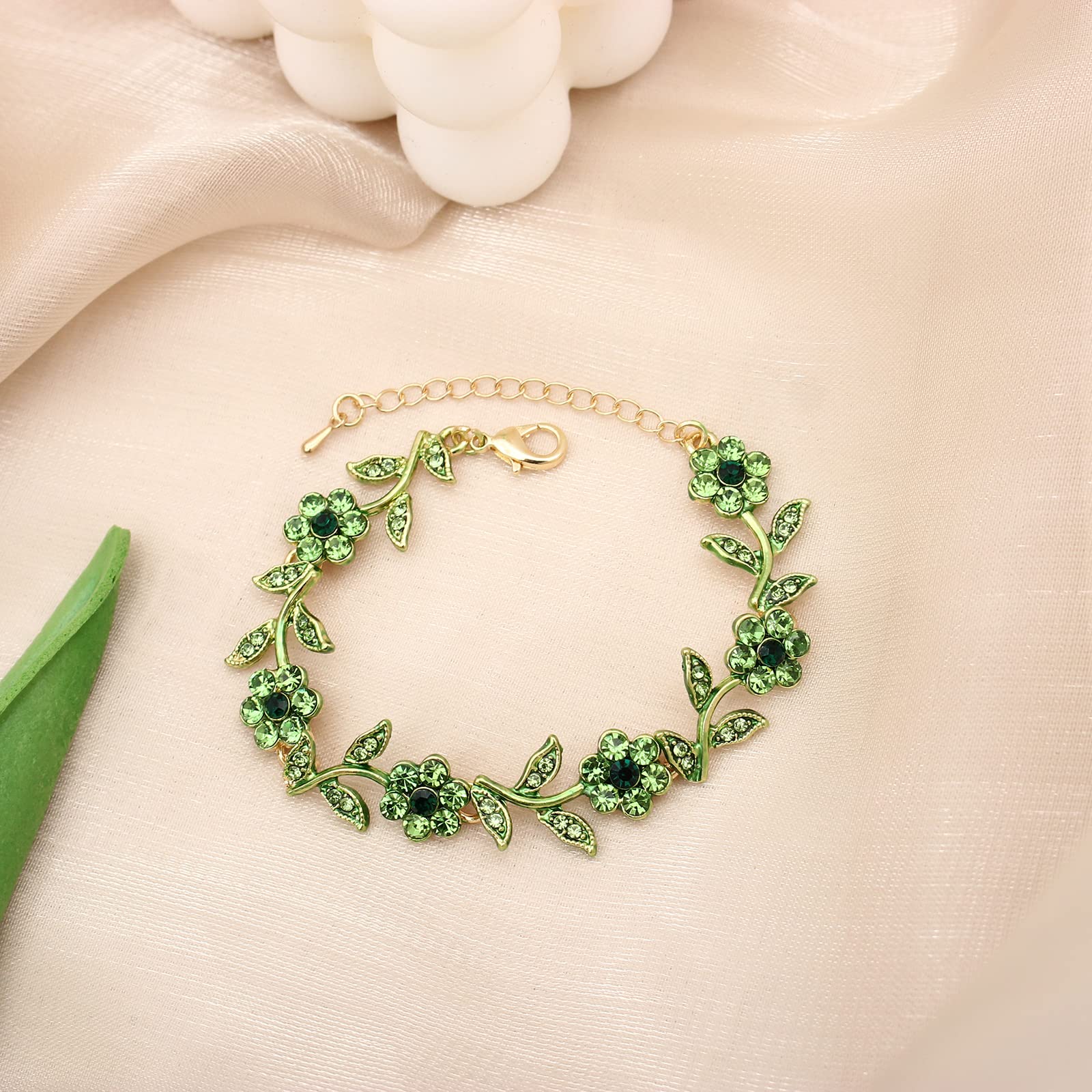 Enrwin Flower Leaf Crystal Pendant Necklace Dangle Earrings Link Bracelet Bride Bridesmaid Jewelry Sets for Women Wedding Party (Emerald-Gold Plated)