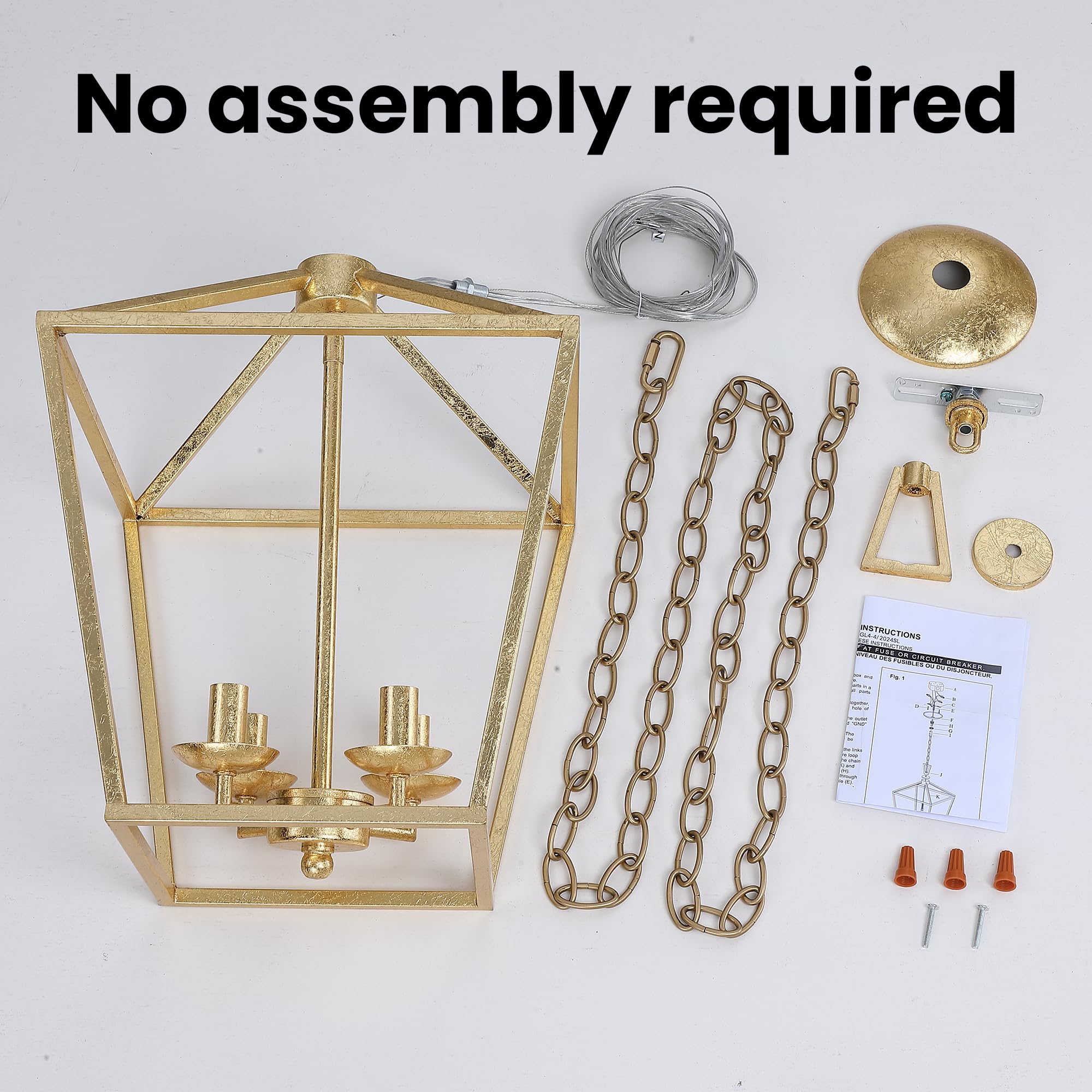 Untrammelife 4-Light Aged Gold Lantern Pendant Light, Adjustable Height Metal Geometric Light Fixture 12ββ Classic Cage Lantern Chandelier for Kitchen Island Hallway, Hand-Pasted Gold Foil Finish