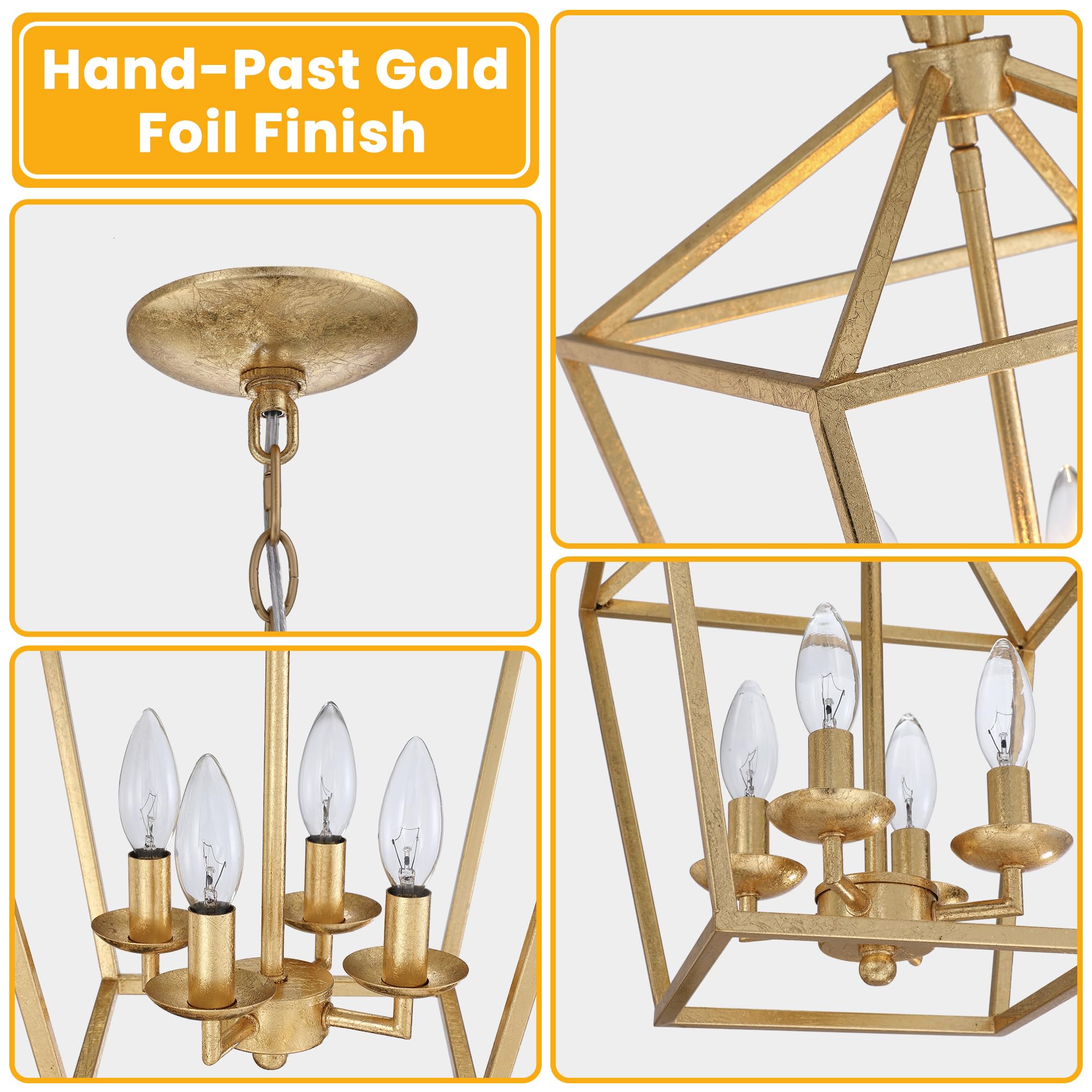 Untrammelife 4-Light Aged Gold Lantern Pendant Light, Adjustable Height Metal Geometric Light Fixture 12ββ Classic Cage Lantern Chandelier for Kitchen Island Hallway, Hand-Pasted Gold Foil Finish