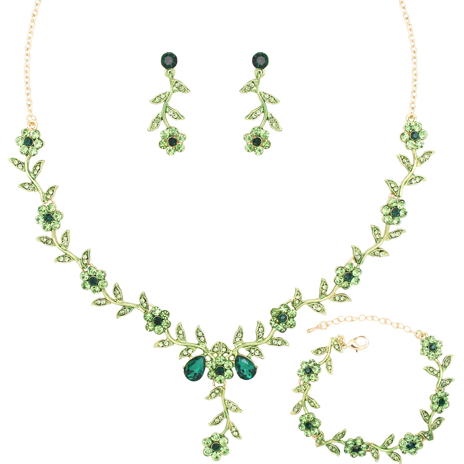 Enrwin Flower Leaf Crystal Pendant Necklace Dangle Earrings Link Bracelet Bride Bridesmaid Jewelry Sets for Women Wedding Party (Emerald-Gold Plated)