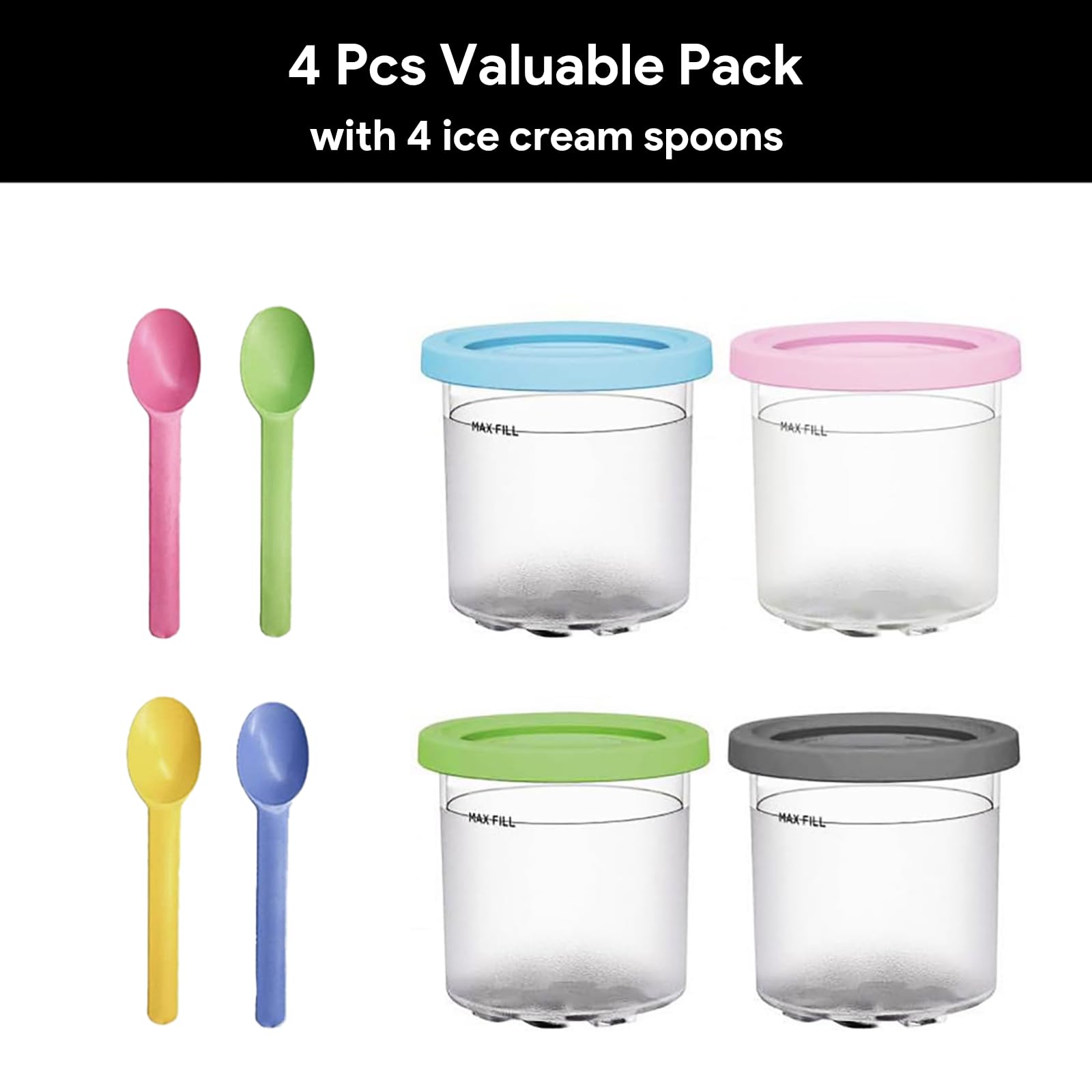ChooKaChoo Upgraded Containers Replacement for Ninja Creami Pints and Lids, Compatible with NC301 NC300 Series Ice Cream Maker, Leak-proof Lids, BPA Free, Dishwasher Safe, Grey/Lime/Pink/Aqua (NC301)