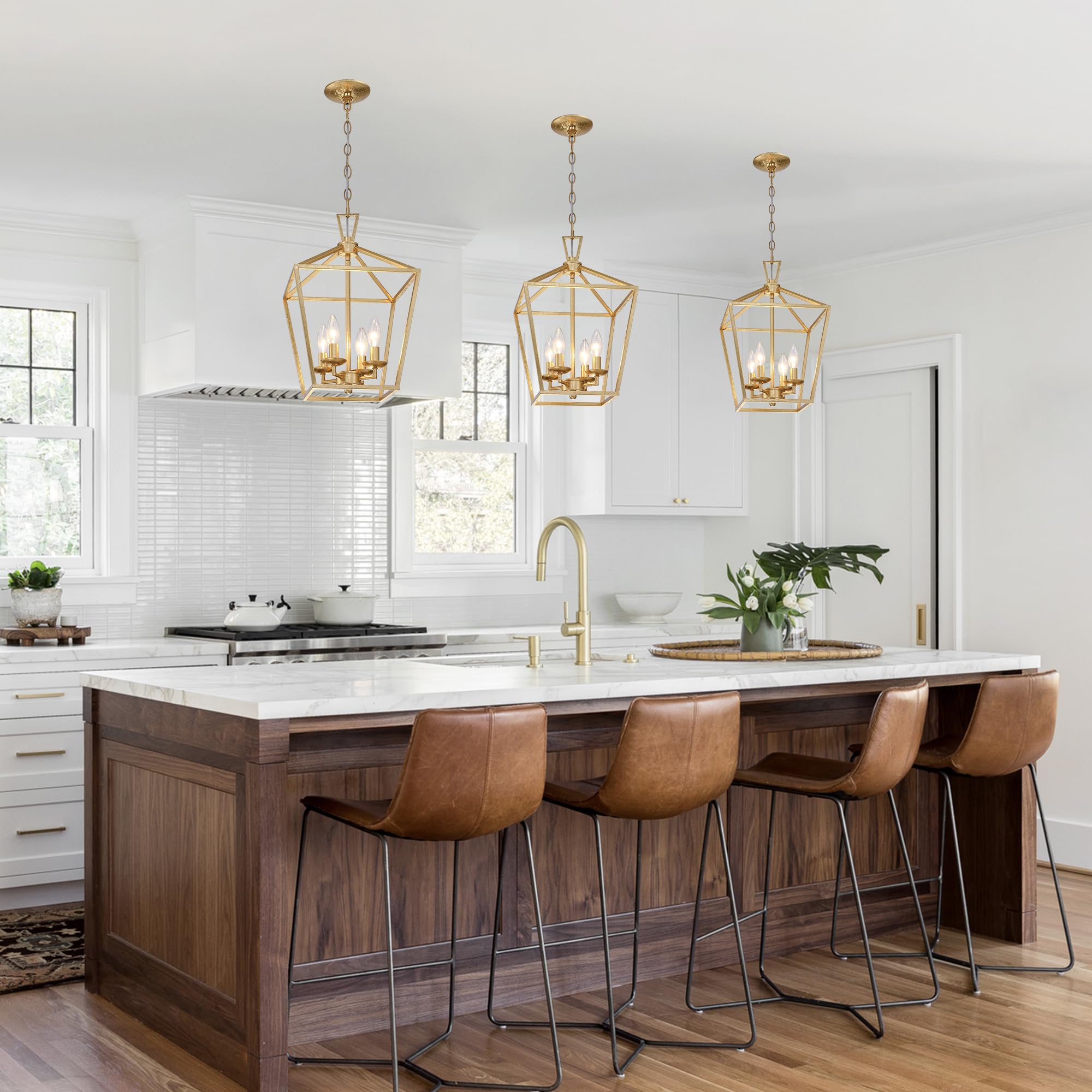 Untrammelife 4-Light Aged Gold Lantern Pendant Light, Adjustable Height Metal Geometric Light Fixture 12ββ Classic Cage Lantern Chandelier for Kitchen Island Hallway, Hand-Pasted Gold Foil Finish