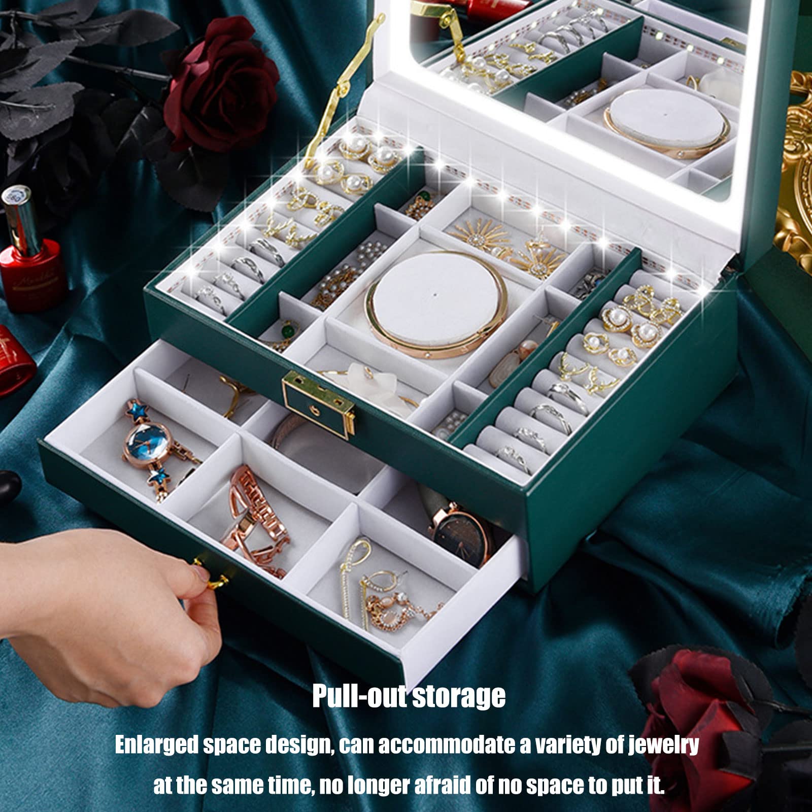 Jewelry Box Lingge Jewelry Box Multilayer Jewelry Box LED Makeup Jewelry Pull-Out Jewelry Box Storage