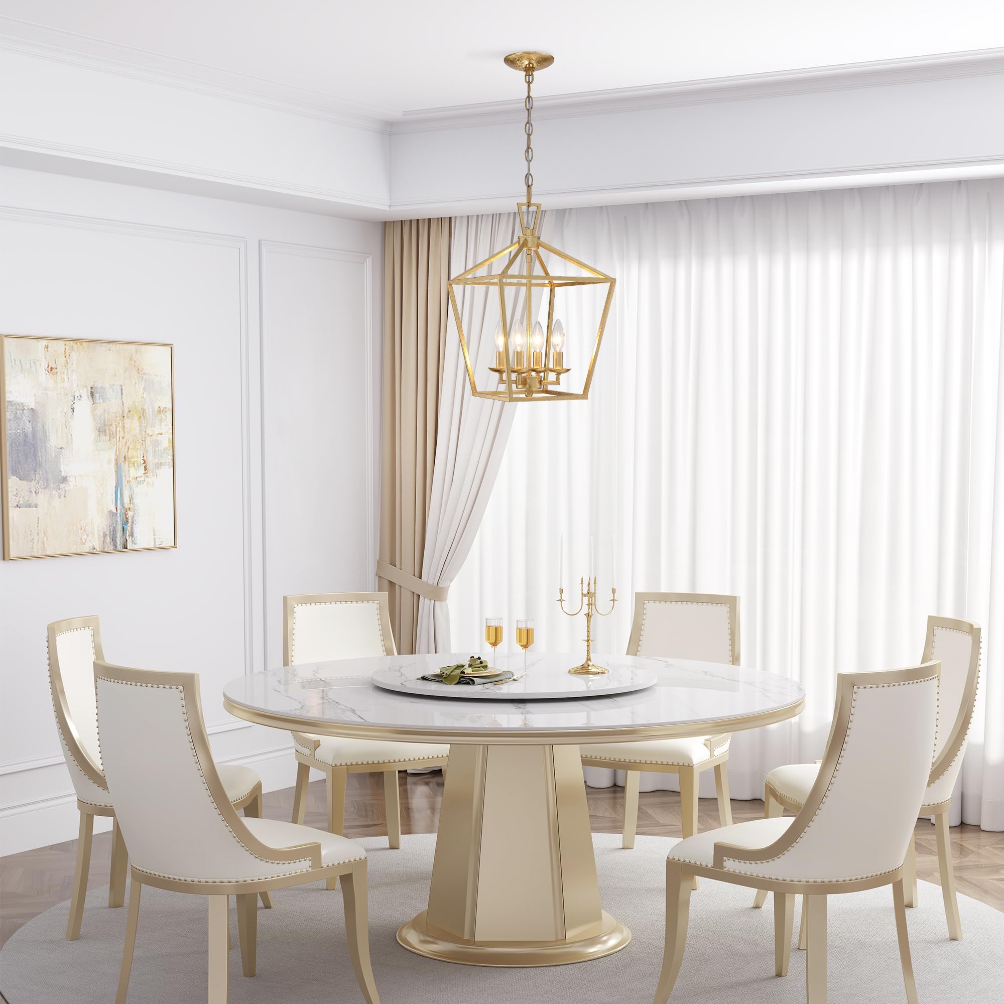 Untrammelife 4-Light Aged Gold Lantern Pendant Light, Adjustable Height Metal Geometric Light Fixture 12ββ Classic Cage Lantern Chandelier for Kitchen Island Hallway, Hand-Pasted Gold Foil Finish
