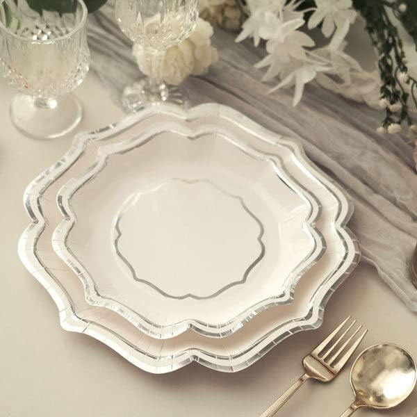 Tableclothsfactory 25 Pack | White/Silver 10" Scallop Rim Dinner Party Paper Plates, Disposable Plates - 300 GSM
