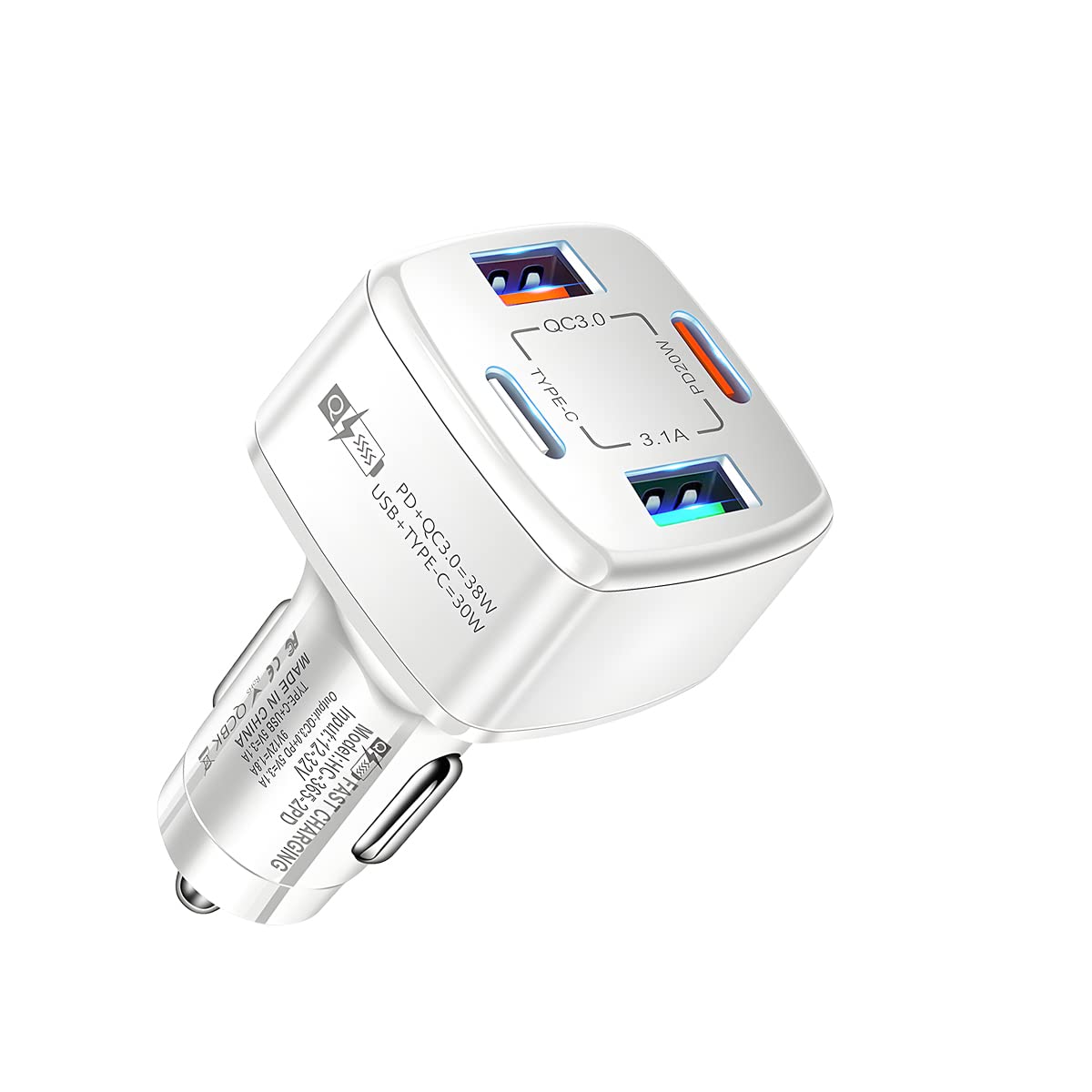 Car Charger Adapter, 4 Ports 2 USB Fast Car Phone Charger, 38W PD Type-C QC3.0, Multi-Port Smart Quick Charger with LED Light, Compatible with iPhone 13 12 11 Pro Max, Galaxy and More (White-4/1PCS)