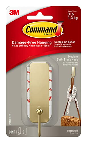 Command Medium Decorative Wall Hooks, Damage Free Hanging Wall Hooks with Adhesive Strips, No Tools Wall Hooks for Hanging Decorations in Living Spaces, 1 Satin Brass Hook and 2 Command Strips