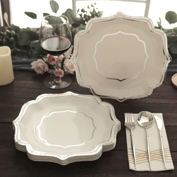 Tableclothsfactory 25 Pack | White/Silver 10" Scallop Rim Dinner Party Paper Plates, Disposable Plates - 300 GSM