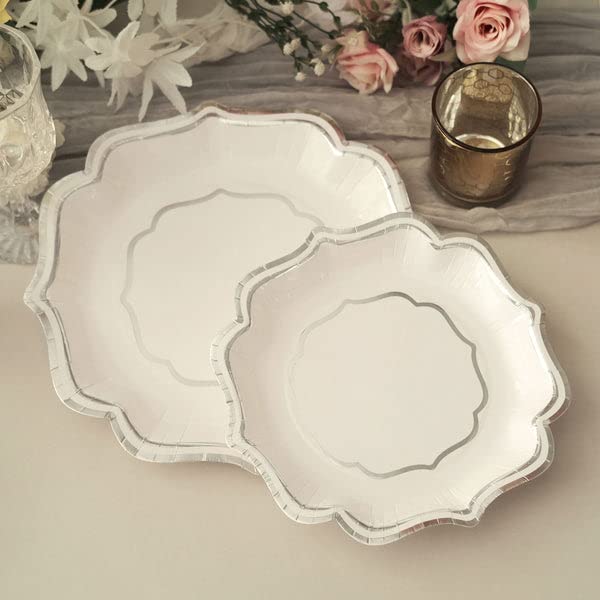 Tableclothsfactory 25 Pack | White/Silver 10" Scallop Rim Dinner Party Paper Plates, Disposable Plates - 300 GSM