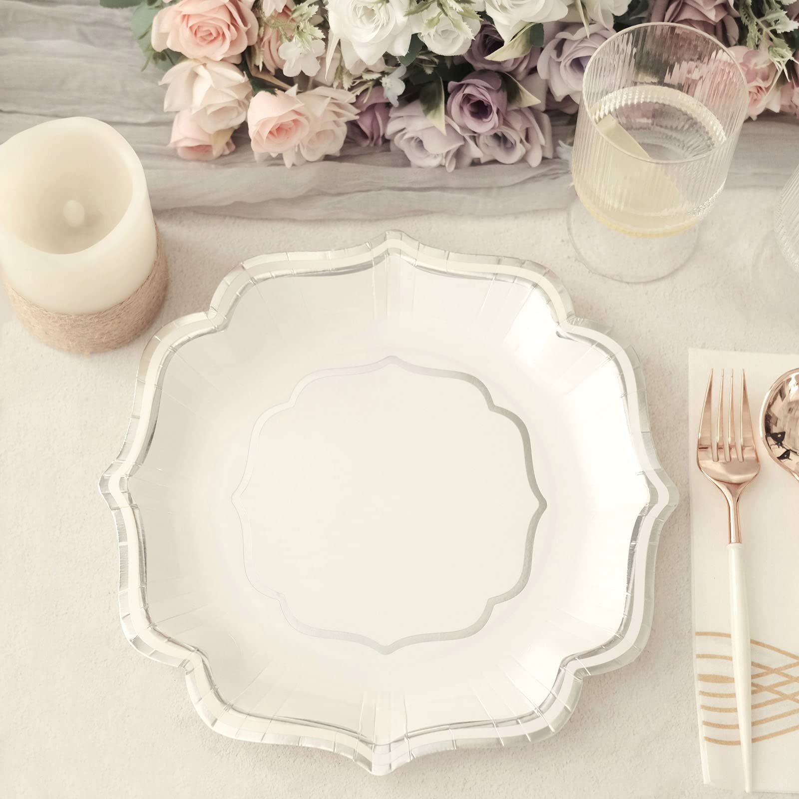 Tableclothsfactory 25 Pack | White/Silver 10" Scallop Rim Dinner Party Paper Plates, Disposable Plates - 300 GSM