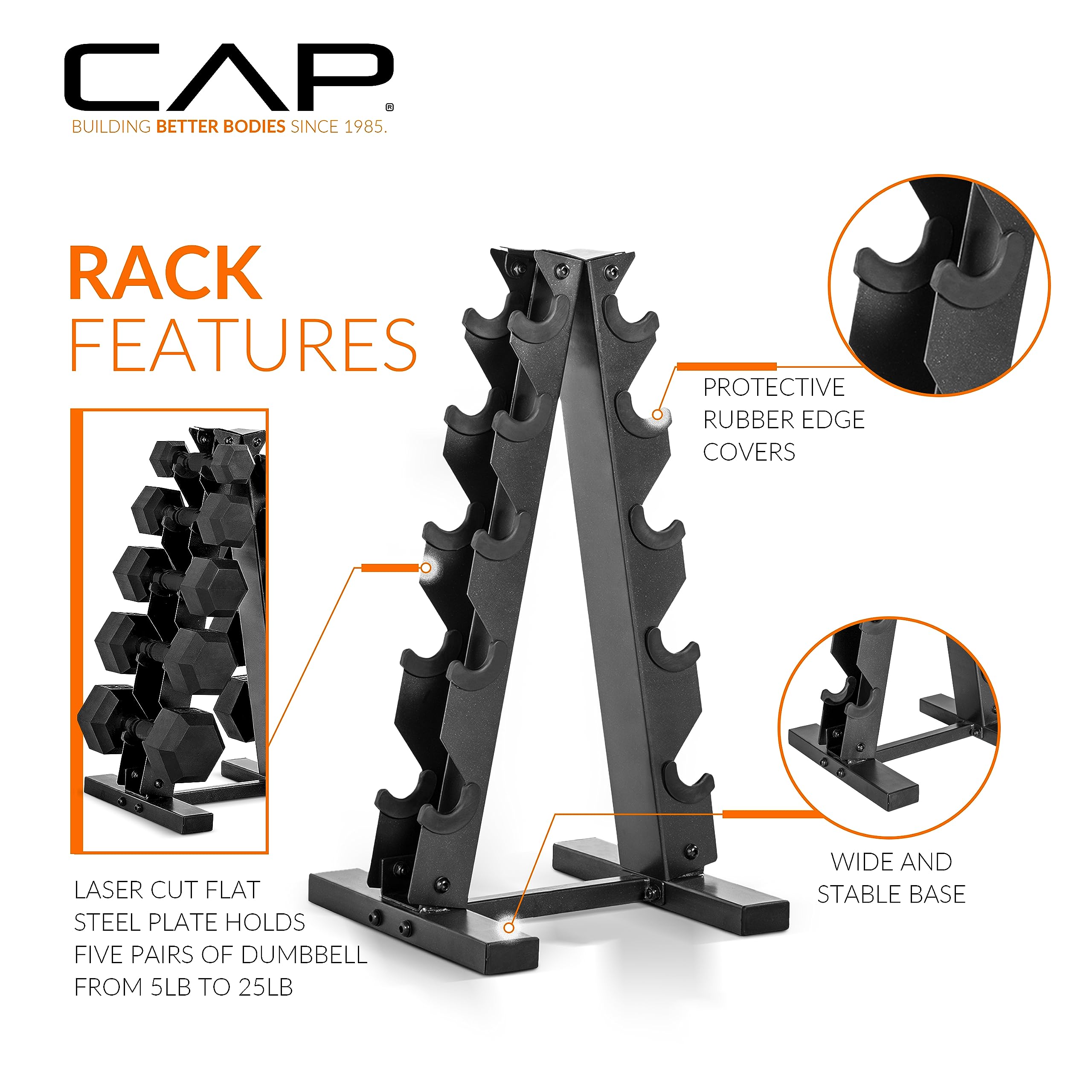 CAP Barbell 150lb dumbbell set with black handles and storage rack