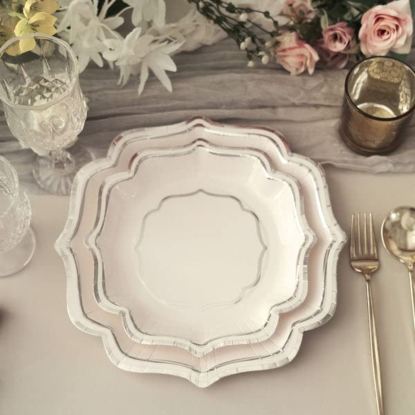 Tableclothsfactory 25 Pack | White/Silver 10" Scallop Rim Dinner Party Paper Plates, Disposable Plates - 300 GSM