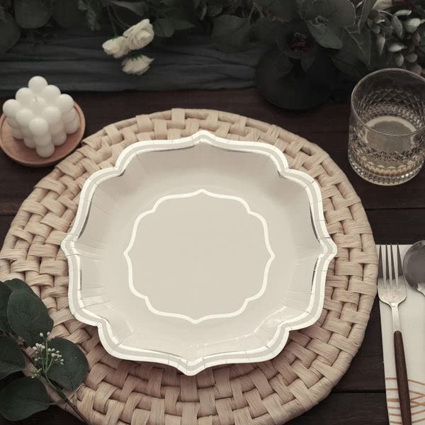 Tableclothsfactory 25 Pack | White/Silver 10" Scallop Rim Dinner Party Paper Plates, Disposable Plates - 300 GSM