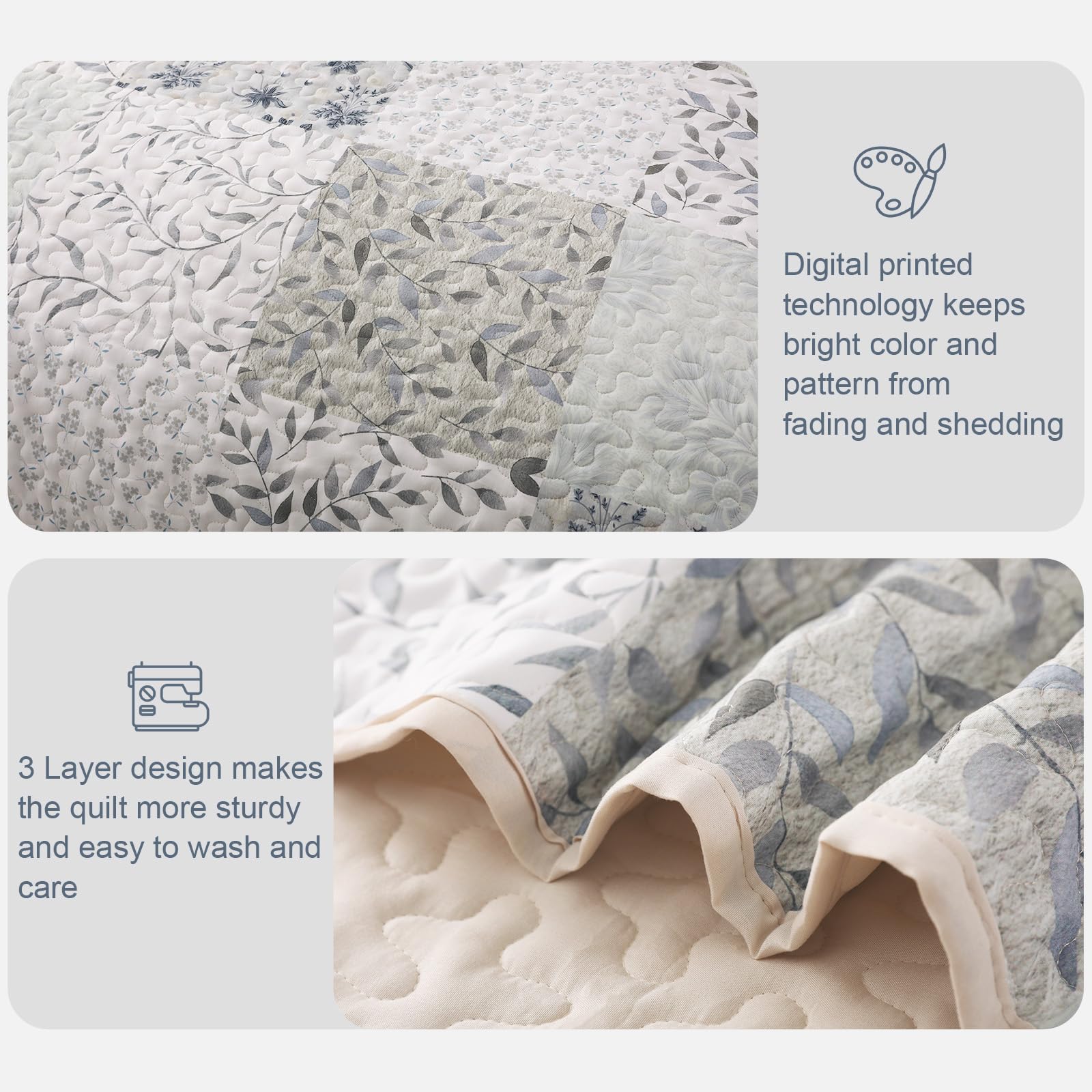 Exclusivo Mezcla Reversible Boho Quilt Set Queen Size, 3 Pieces Patchwork Gray All Season Bedspreads, Ultra Soft Floral Coverlet Bedding Set with Printed Pattern (1 Quilt, 2 Pillow Shams)