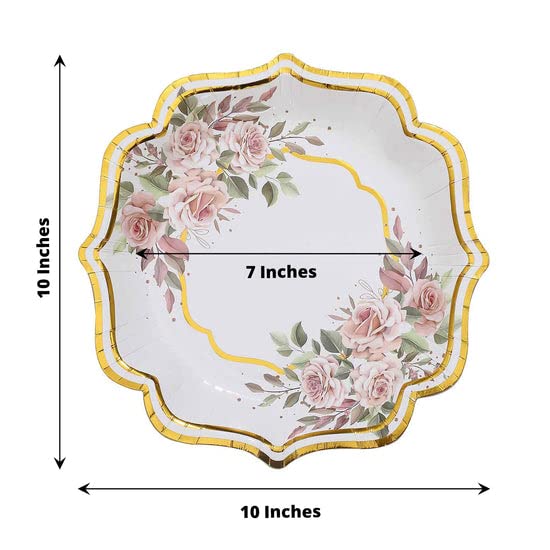 Tableclothsfactory 25 Pack | White/Gold Floral 10" Scallop Rim Dinner Party Paper Plates, Disposable Plates - 300 GSM