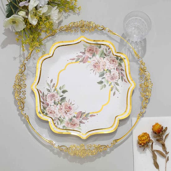 Tableclothsfactory 25 Pack | White/Gold Floral 10" Scallop Rim Dinner Party Paper Plates, Disposable Plates - 300 GSM