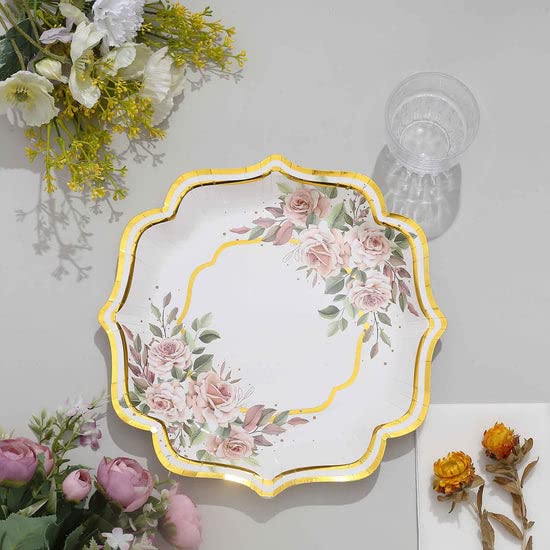 Tableclothsfactory 25 Pack | White/Gold Floral 10" Scallop Rim Dinner Party Paper Plates, Disposable Plates - 300 GSM