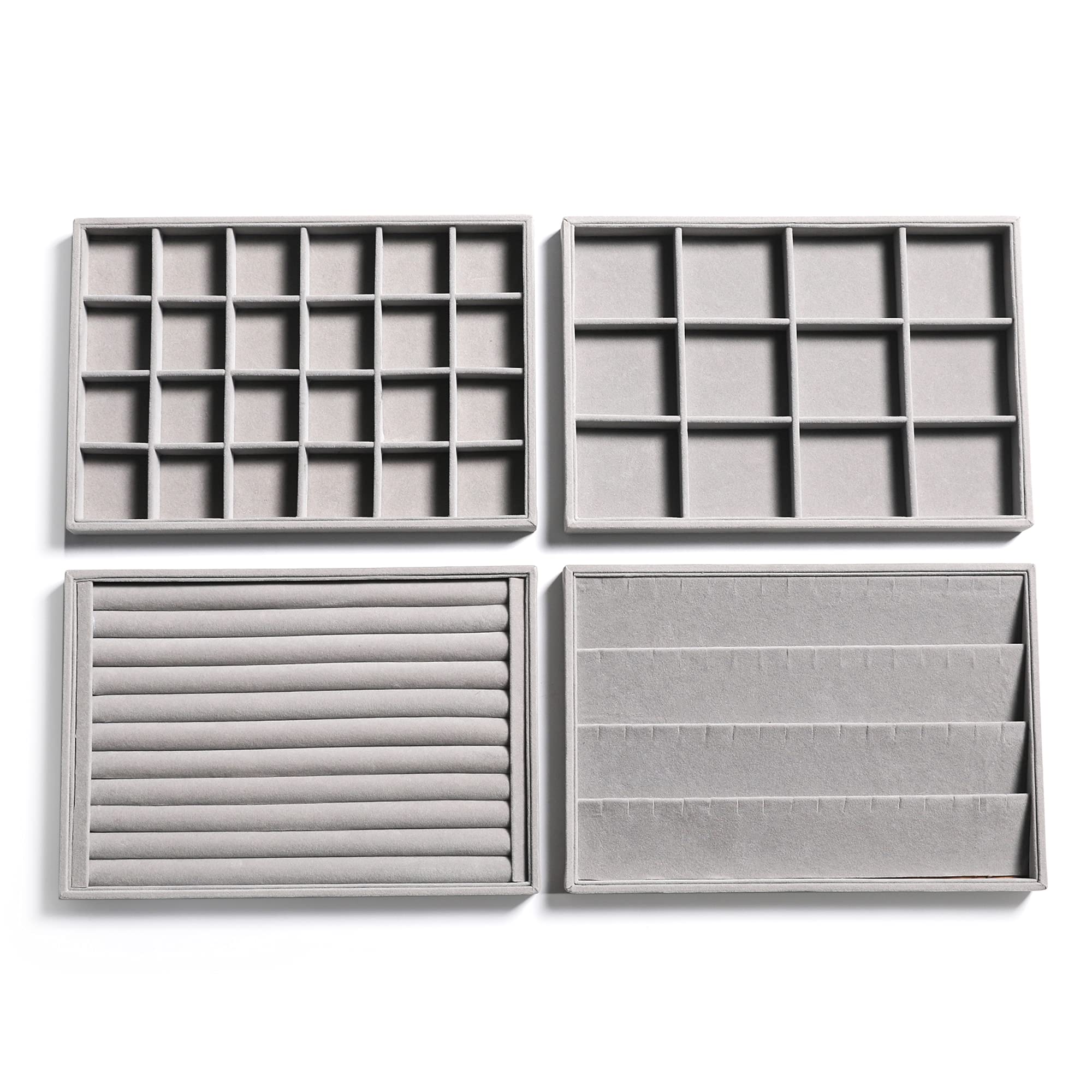 Frebeauty Stackable Velvet Jewelry Organizer Trays for Drawers Inserts Jewelry Storage Tray Display Case Earrings Bracelets Necklace Rings Accessories Trays for Women(Set of 4)(Grey).