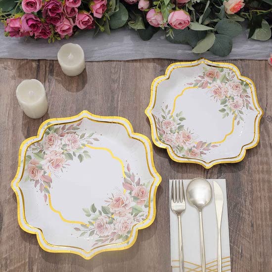 Tableclothsfactory 25 Pack | White/Gold Floral 10" Scallop Rim Dinner Party Paper Plates, Disposable Plates - 300 GSM