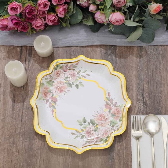 Tableclothsfactory 25 Pack | White/Gold Floral 10" Scallop Rim Dinner Party Paper Plates, Disposable Plates - 300 GSM