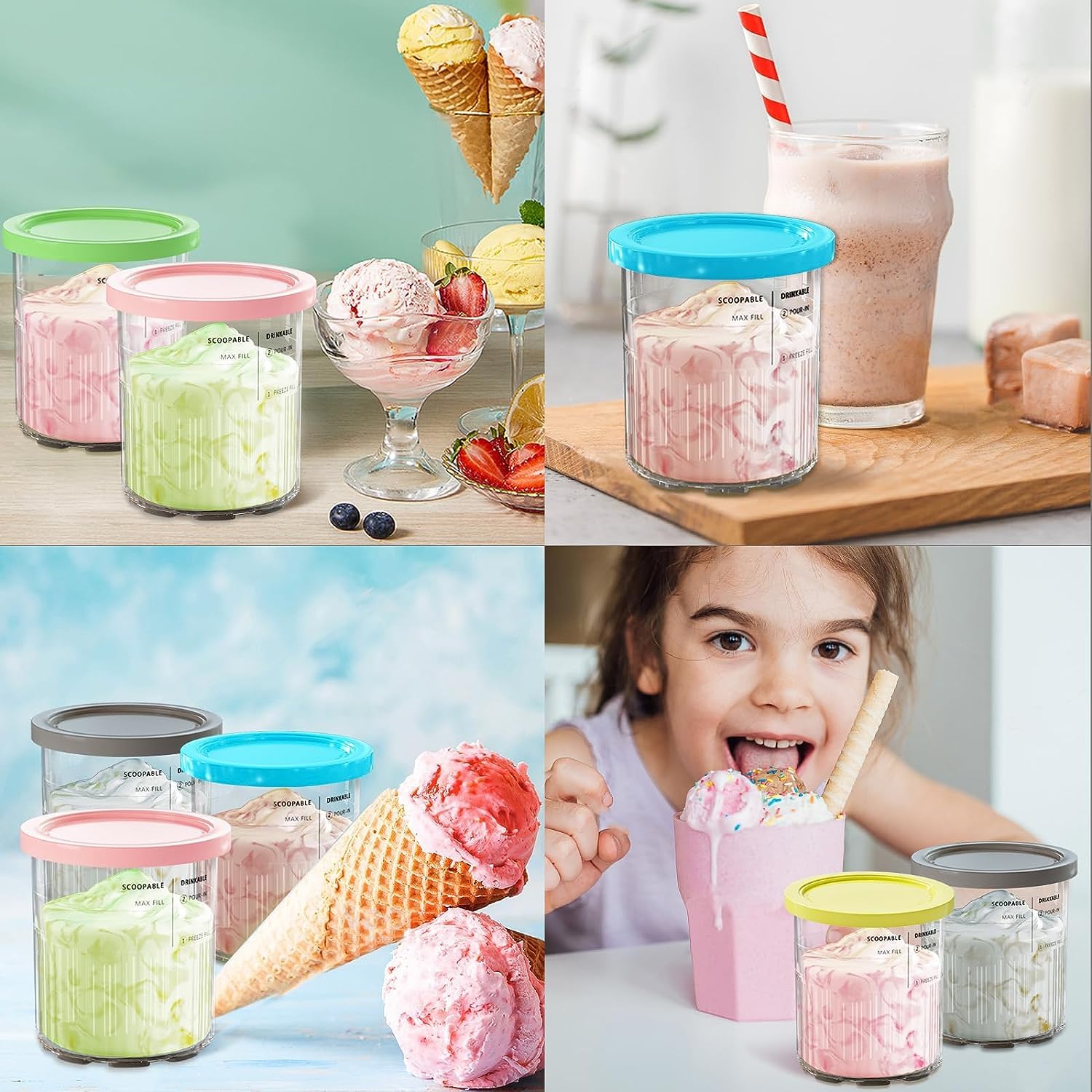 AFDLLDQM 24 oz. Extra Pint | Containers Replacement for Ninja Creami Pints and Lids - 4 Pack, Compatible with Ninja NC500, NC501 Series Creami Deluxe Ice Cream Maker - Dishwasher Safe