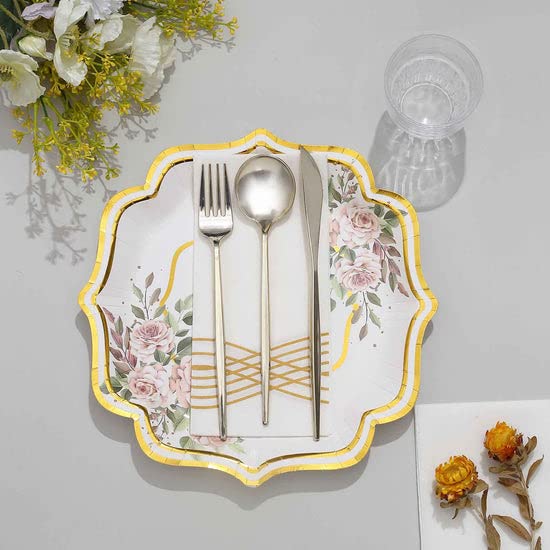 Tableclothsfactory 25 Pack | White/Gold Floral 10" Scallop Rim Dinner Party Paper Plates, Disposable Plates - 300 GSM