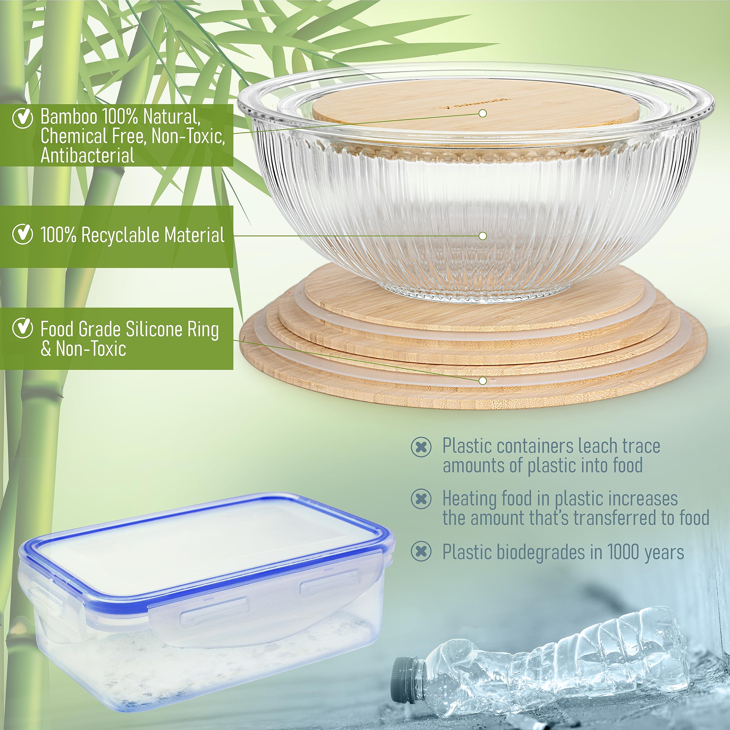 dokaworld Stackable Space-Saving Nesting Set of 3 Glass Bowls with Bamboo Lids for Foodprep, Storage, Mixing & Cooking - Microwave & Oven Safe BPA Free Durable Heat Resistant Inert Borosilicate Glass
