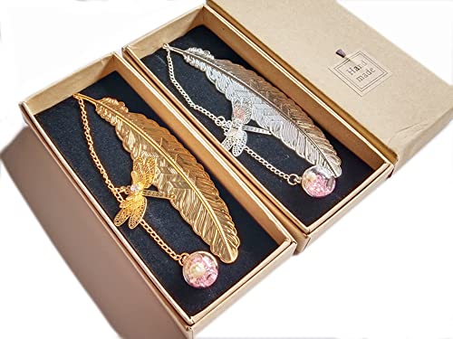 2pcs Vintage Metal Feather Bookmarks with Dragonfly Pendant,Student Reading Page Markers,Graduation Teacher Appreciation Thanksgiving Birthday Pretty Gift for Women Girl Kids Readers(Pink Diamondďź