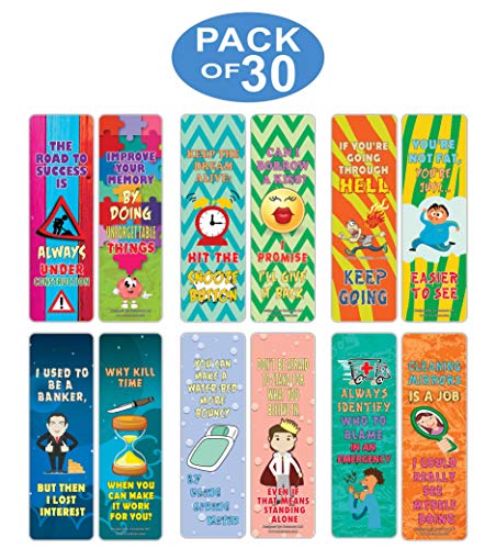 Creanoso Motivational One Liners Jokes Bookmarks Series 1 (30-Pack) – Six Assorted Quality Bookmarker Cards Set – Premium Gift Token Giveaways for Men, Women, Adults – Book Page Clip