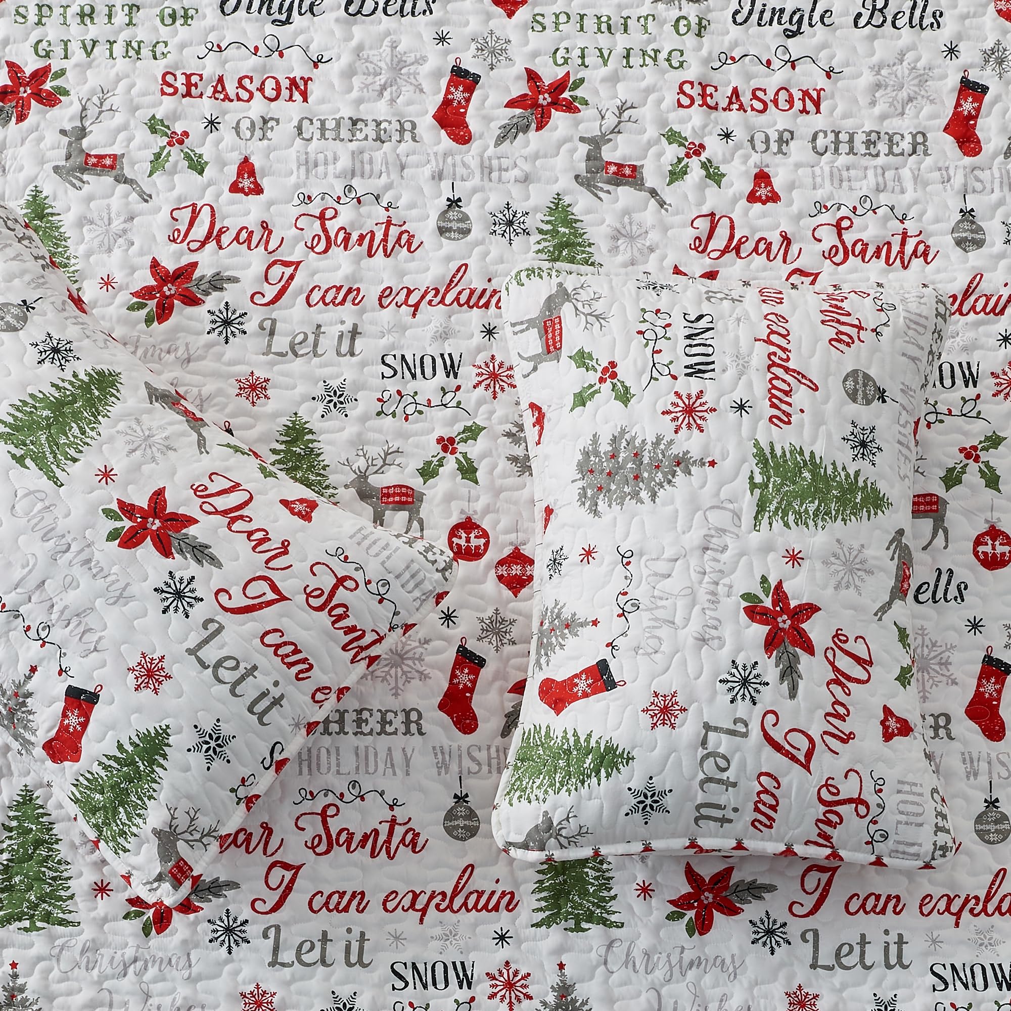 Great Bay Home 3-Piece Christmas Quilt Set with Shams. Reversible Bedspread Coverlet with Holiday Pattern. Carol Collection (Full/Queen)