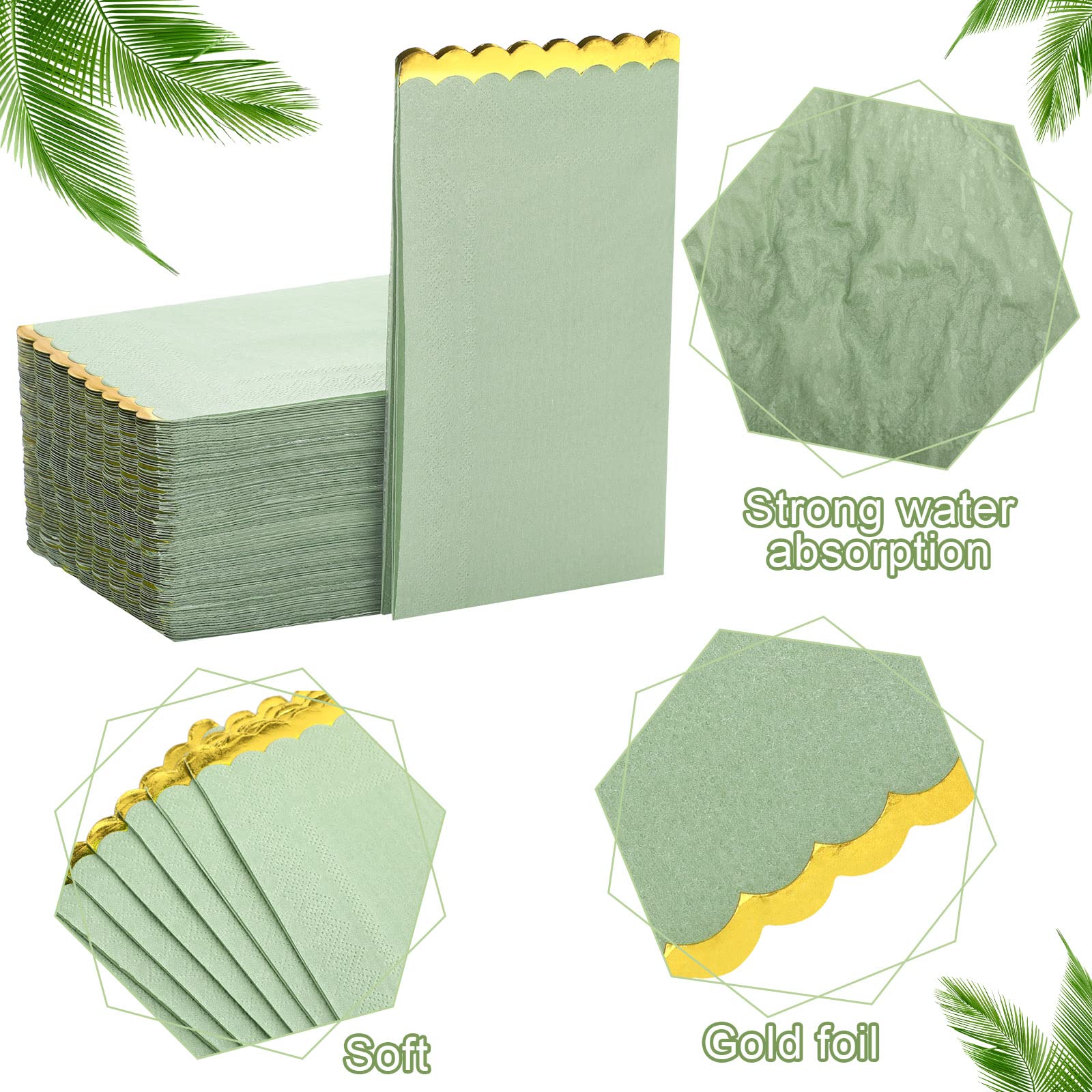 Panelee 100 Pcs Napkins with Gold Foil Scalloped Edges Napkins for Wedding Reception Disposable Cocktail Serviette for Wedding Birthday Party, 13 x 16 Inch(Sage Green)