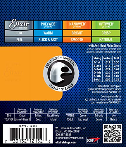 Elixir Strings, Electric Guitar Strings, Nickel Plated Steel with NANOWEB Coating, Longest-Lasting Bright Tone with Comfortable Feel, 6 String Set, Heavy 12-52