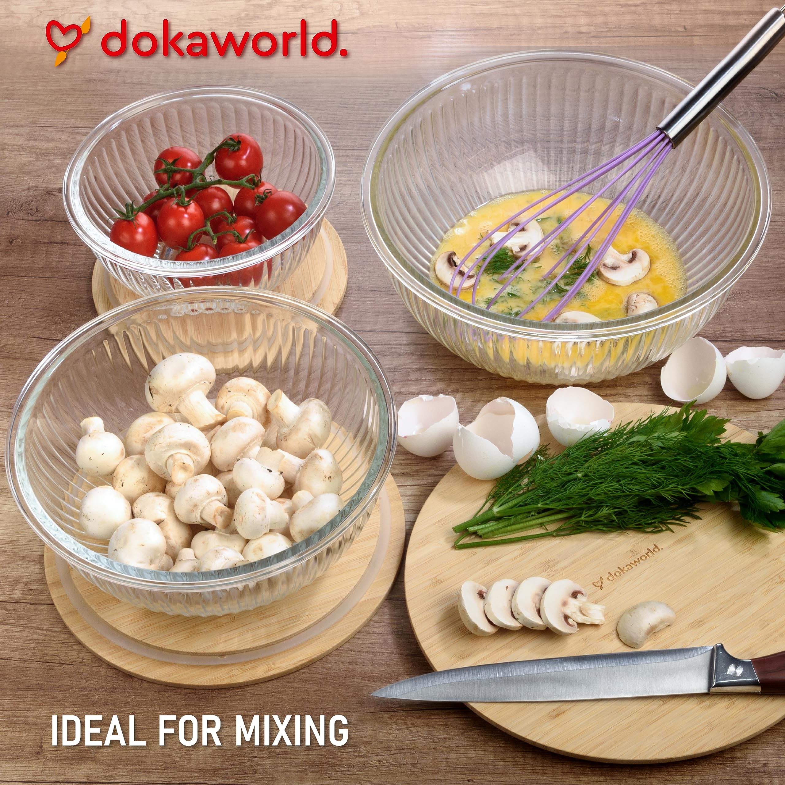 dokaworld Stackable Space-Saving Nesting Set of 3 Glass Bowls with Bamboo Lids for Foodprep, Storage, Mixing & Cooking - Microwave & Oven Safe BPA Free Durable Heat Resistant Inert Borosilicate Glass