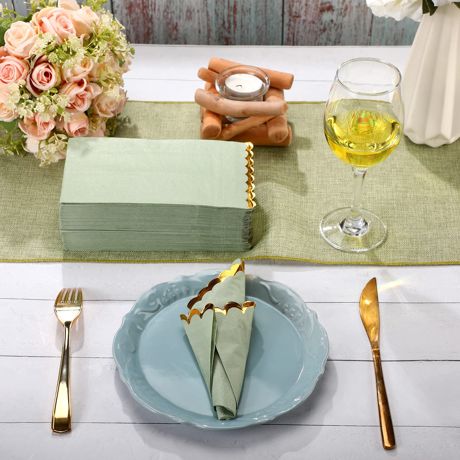 Panelee 100 Pcs Napkins with Gold Foil Scalloped Edges Napkins for Wedding Reception Disposable Cocktail Serviette for Wedding Birthday Party, 13 x 16 Inch(Sage Green)