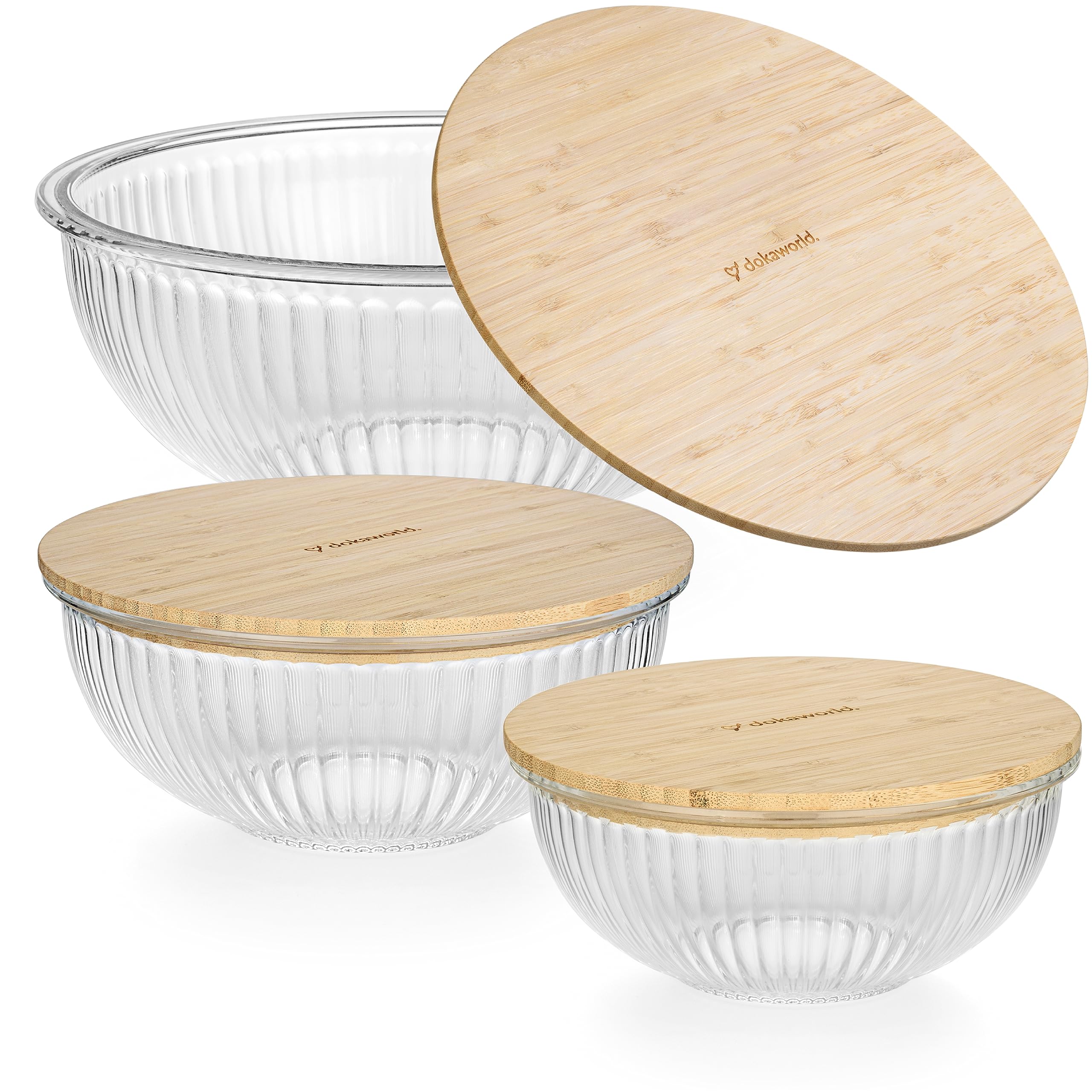 dokaworld Stackable Space-Saving Nesting Set of 3 Glass Bowls with Bamboo Lids for Foodprep, Storage, Mixing & Cooking - Microwave & Oven Safe BPA Free Durable Heat Resistant Inert Borosilicate Glass
