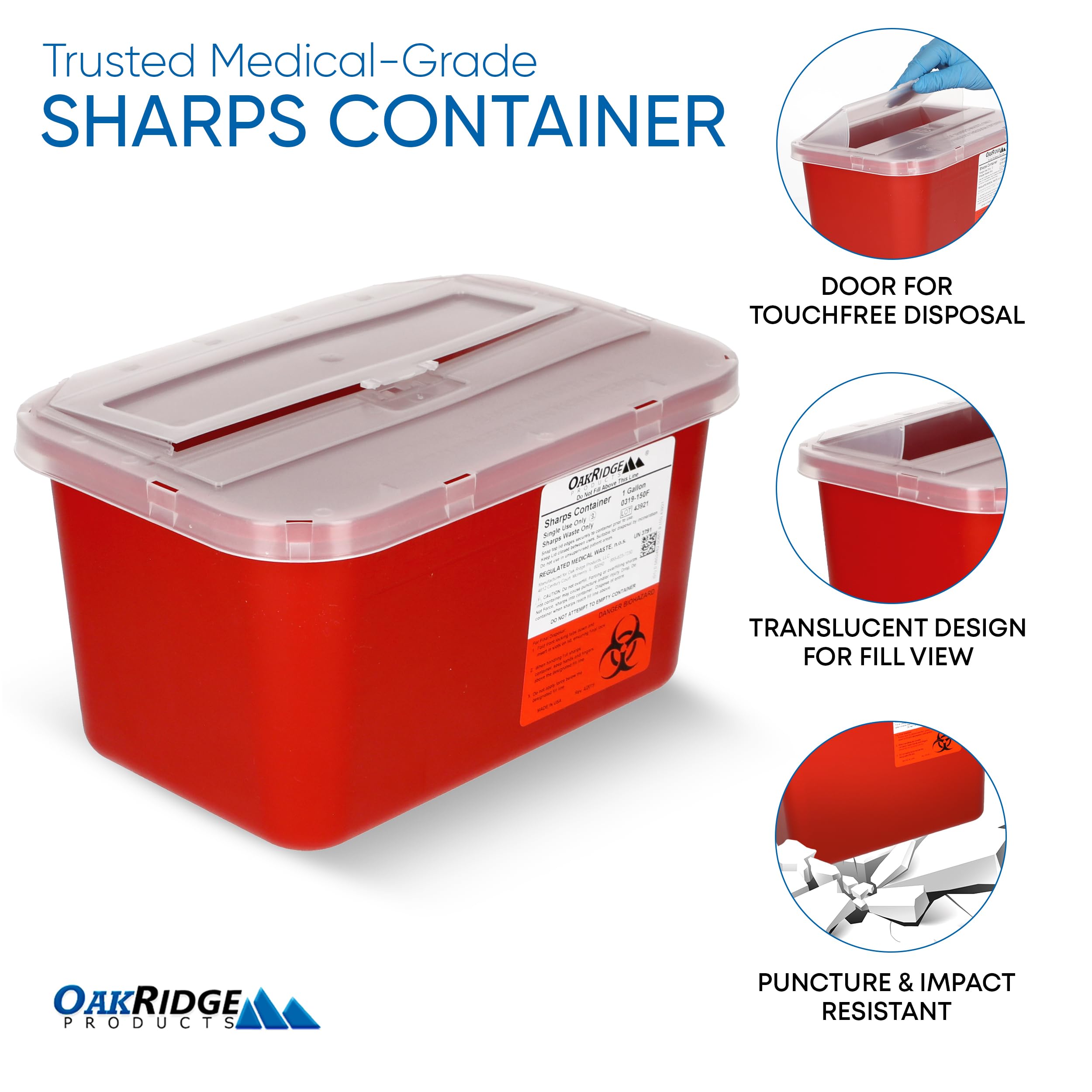 Oakridge Products Large Sharps Container for Home Use and Professional 1 Gallon (2-Pack), Biohazard Needle and Syringe Disposal, Pop Up Lid, CDC Certified