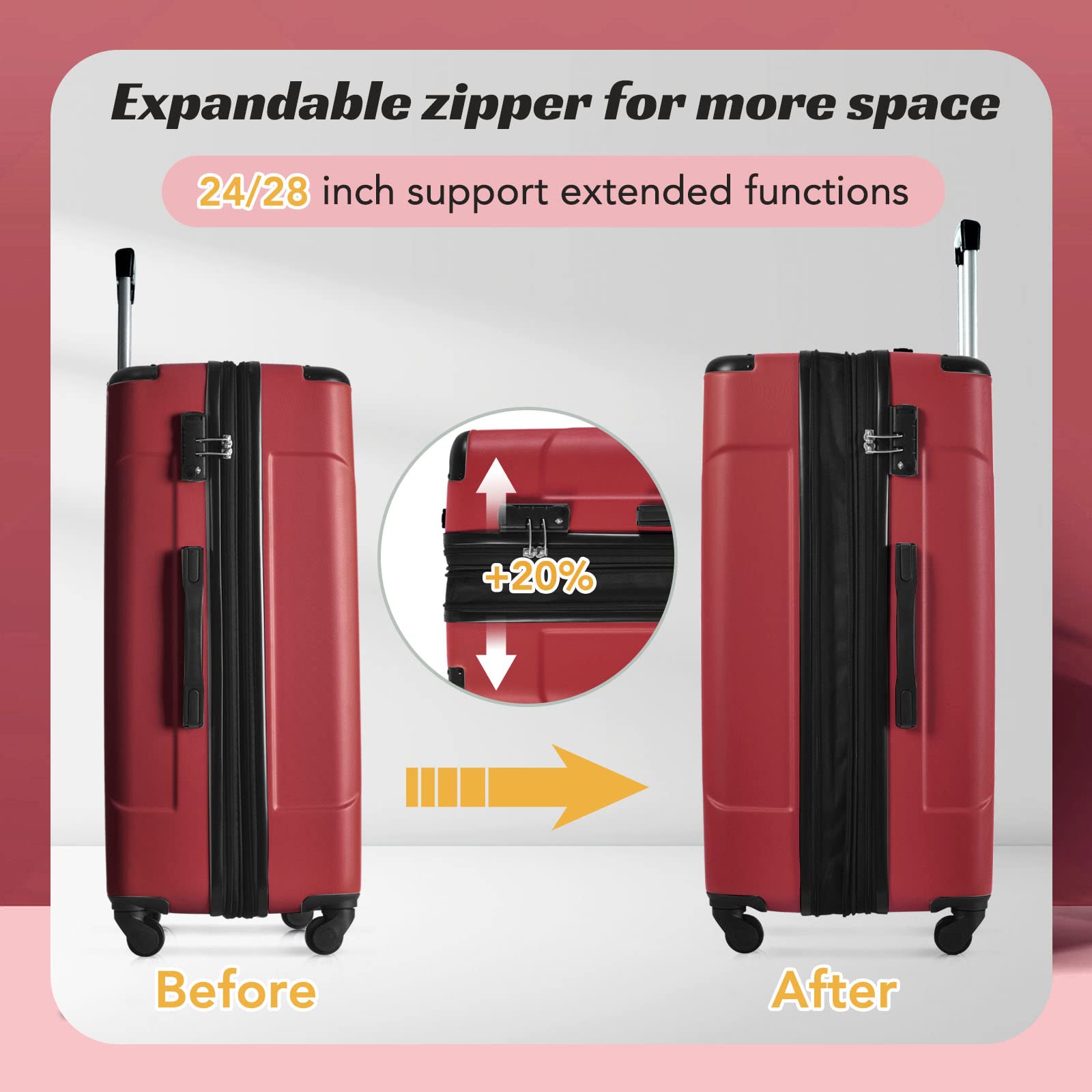 Merax 28 Inch Checked-Large Luggage with Wheels Aluminum Alloy Corner Hard Shell Suitcase TSA Luggage Suitcases for Travel Woman Men(Red)