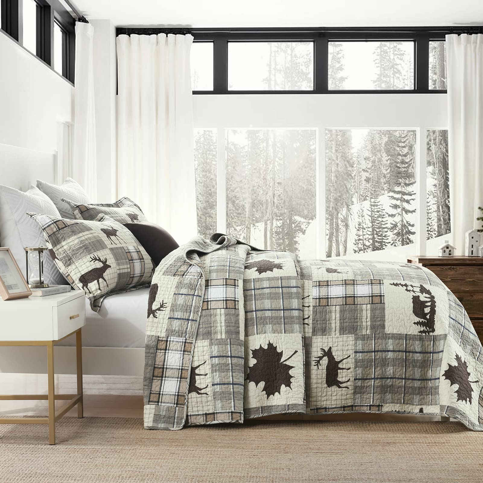 SahSahCasa Quilt Queen Size, 100% Cotton Quilt, Rustic Lodge Farmhouse Queen Quilt Bedding Set Bedspread, Reversible Lightweight Cabin Patchwork Plaid Comforter for Queen Bed, Brown/Cream, 3-Piece