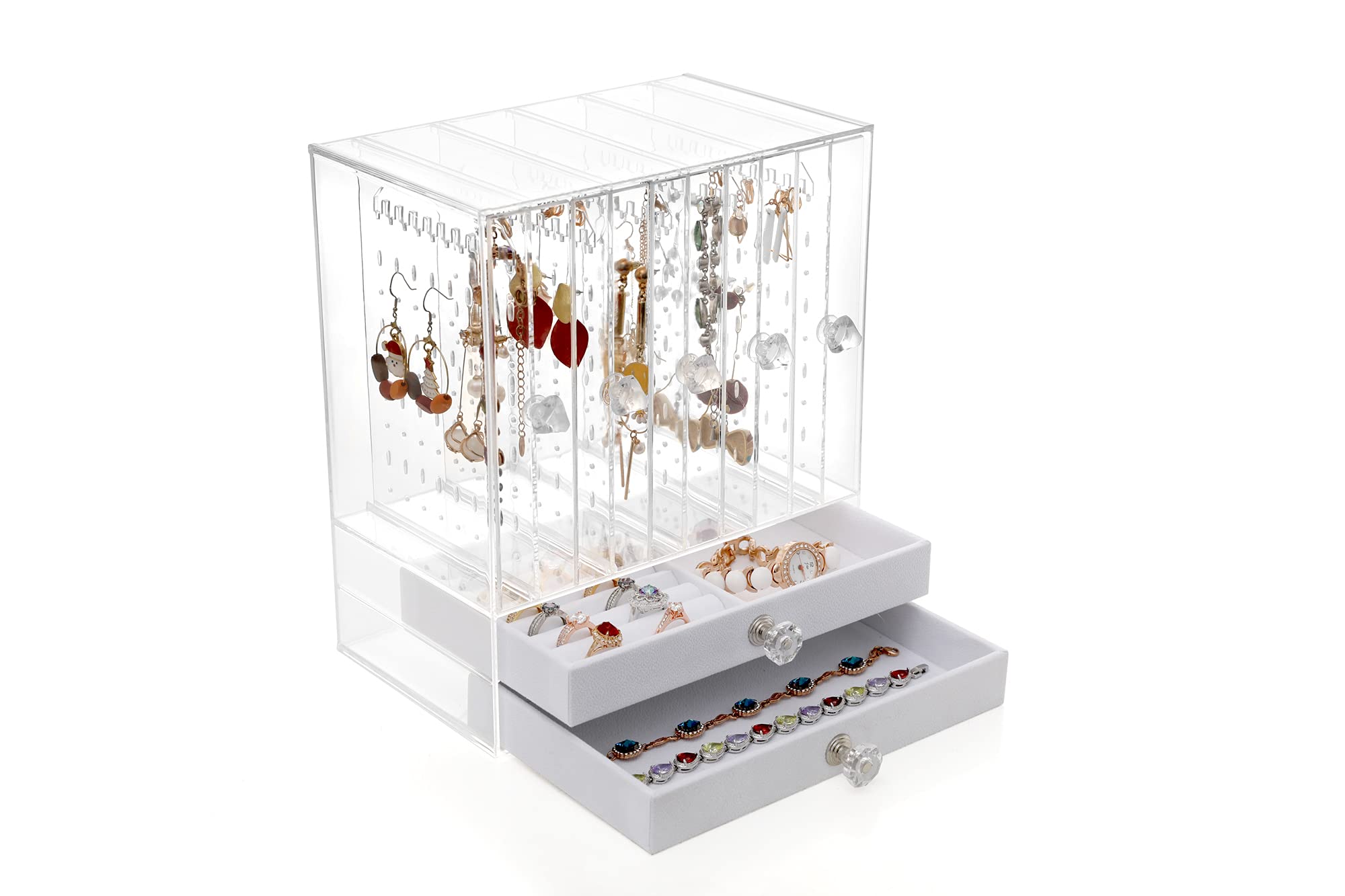 MOOCHI Clear Acrylic Jewelry Box Organizer Earring Display Stand Holder & 2 Drawers Jewelry Storage