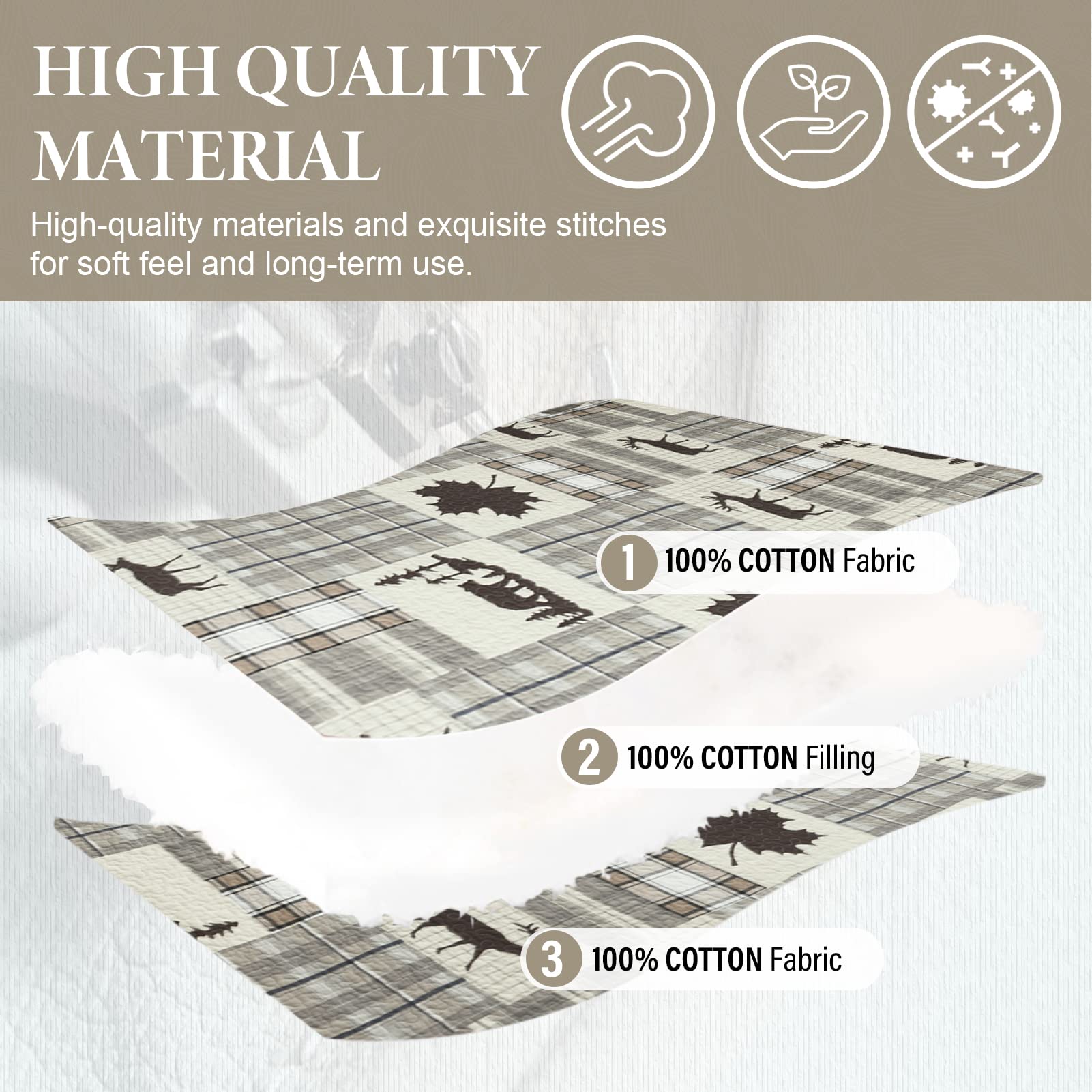 SahSahCasa Quilt Queen Size, 100% Cotton Quilt, Rustic Lodge Farmhouse Queen Quilt Bedding Set Bedspread, Reversible Lightweight Cabin Patchwork Plaid Comforter for Queen Bed, Brown/Cream, 3-Piece