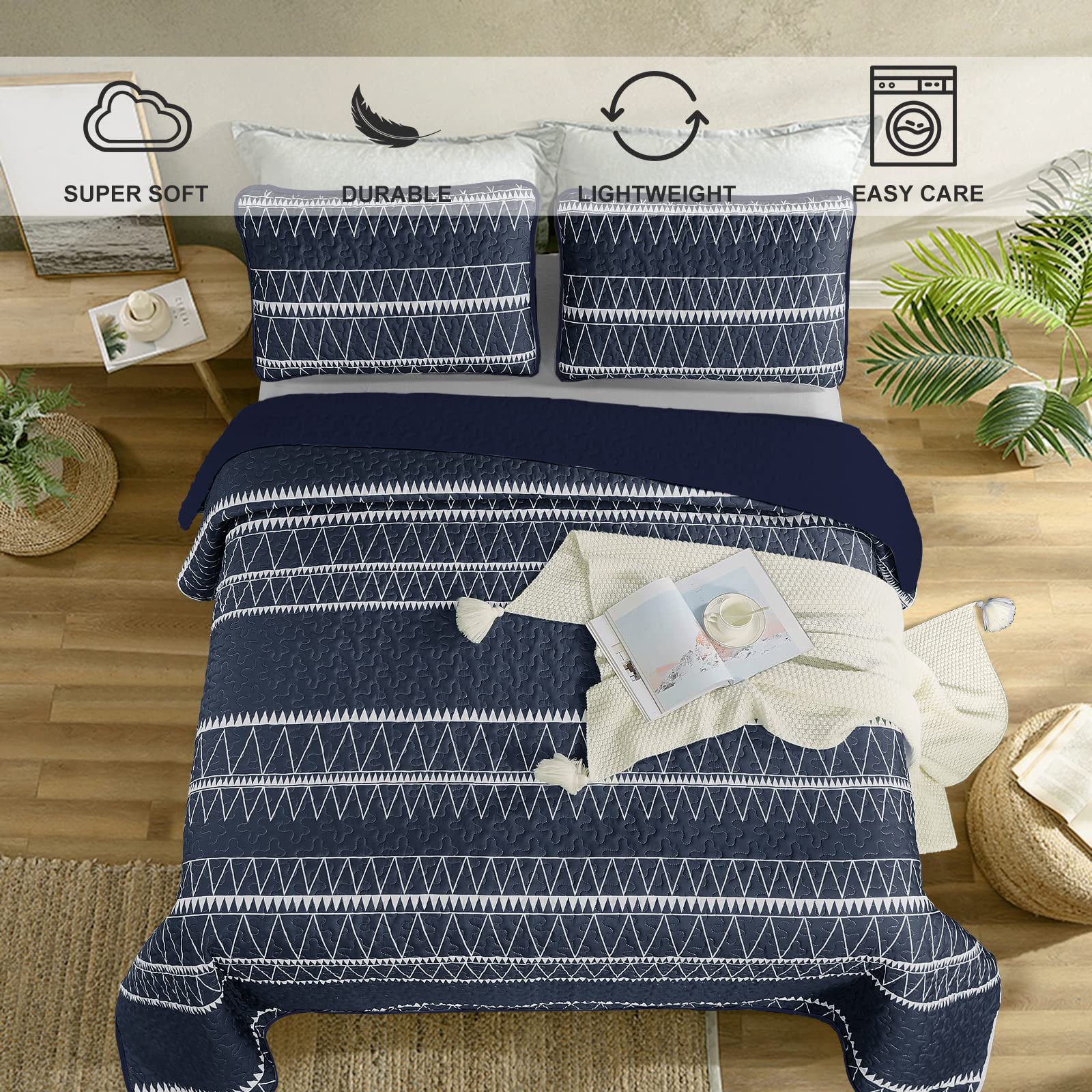 WONGS BEDDING Navy Blue Quilt King Size, Boho Striped Triangle Bedding Bedspread Coverlet Set, Microfiber Lightweight Bohemian Quilt Set for All Season 3 Pieces 90x104 in