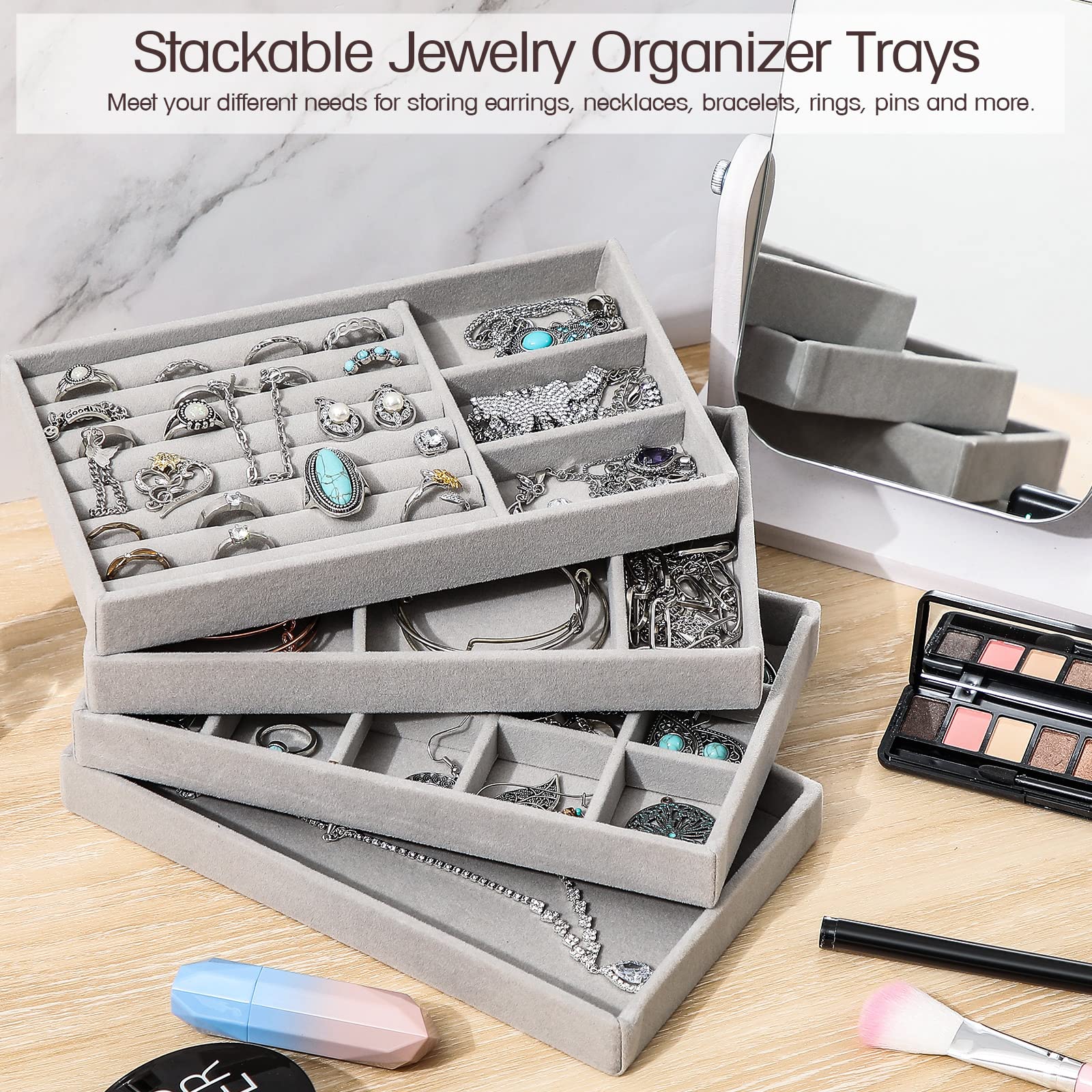 Kenning 16 Pcs Stackable Jewelry Trays Organizer Set for Drawer 8.3x5x1 Small Velvet Jewelry Drawer Insert Storage Holder Closet Dresser Box Divider Ring Earring Display Wedding Gift for Women Girl