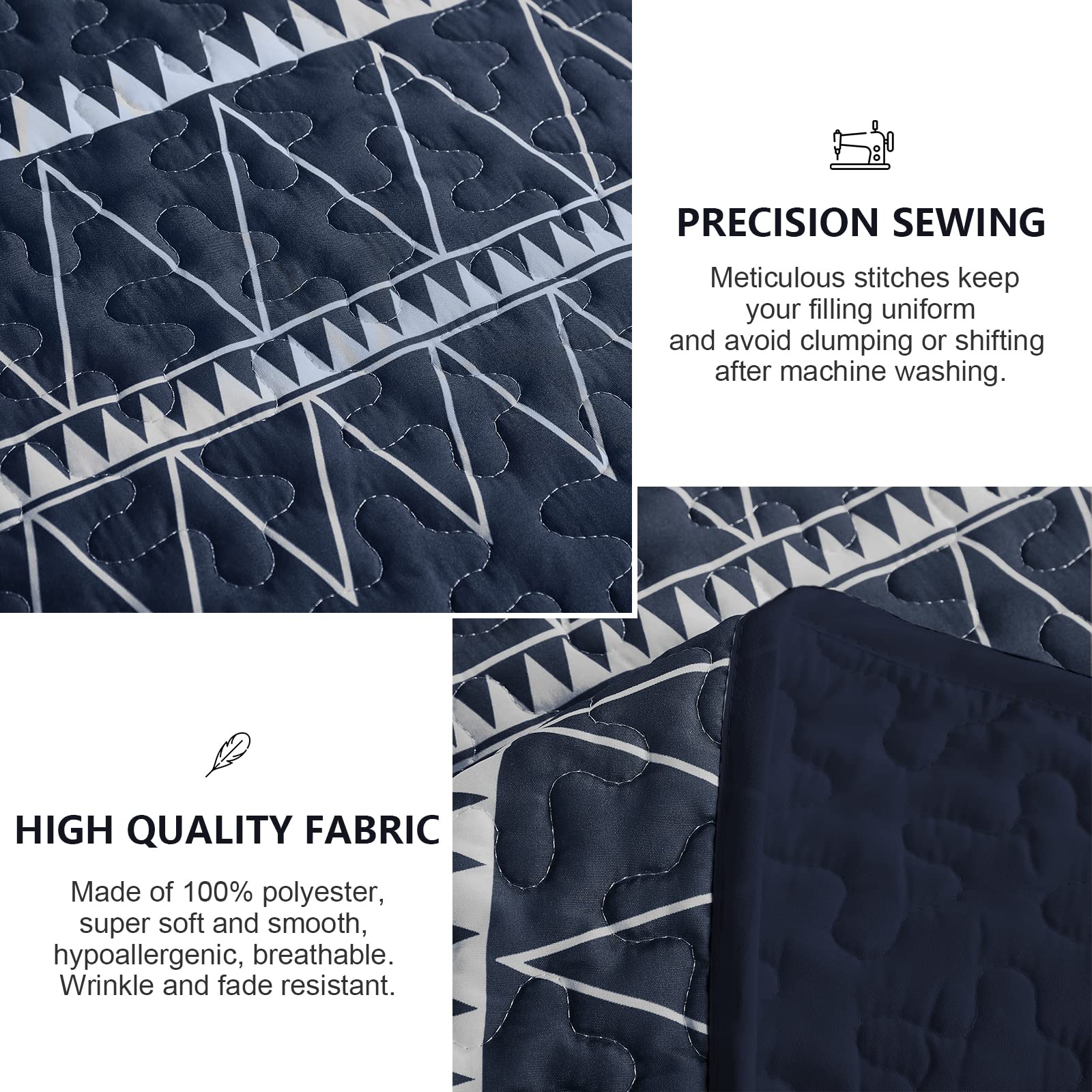 WONGS BEDDING Navy Blue Quilt King Size, Boho Striped Triangle Bedding Bedspread Coverlet Set, Microfiber Lightweight Bohemian Quilt Set for All Season 3 Pieces 90x104 in