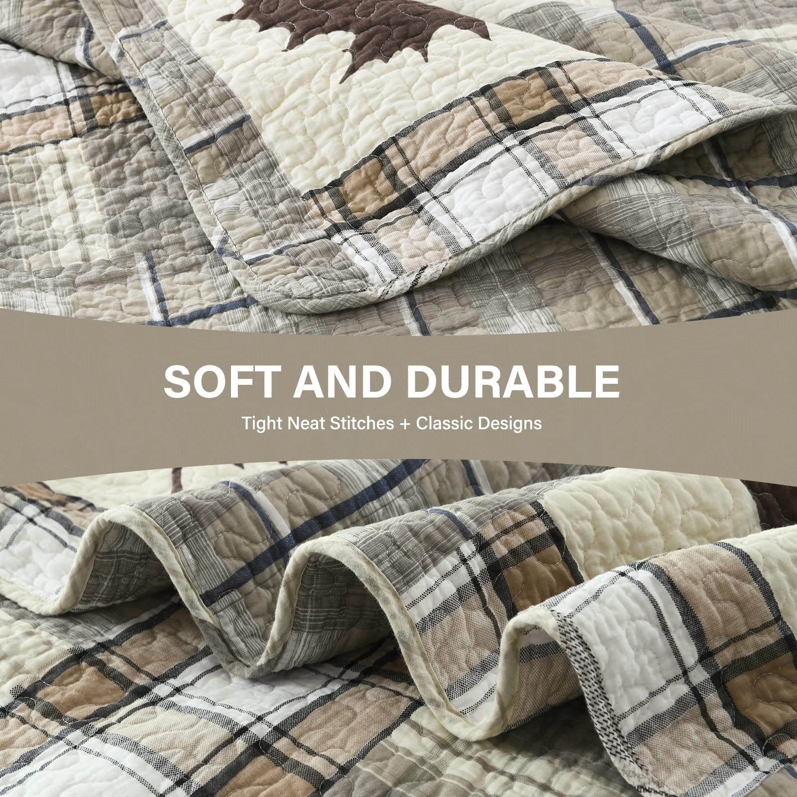 SahSahCasa Quilt Queen Size, 100% Cotton Quilt, Rustic Lodge Farmhouse Queen Quilt Bedding Set Bedspread, Reversible Lightweight Cabin Patchwork Plaid Comforter for Queen Bed, Brown/Cream, 3-Piece